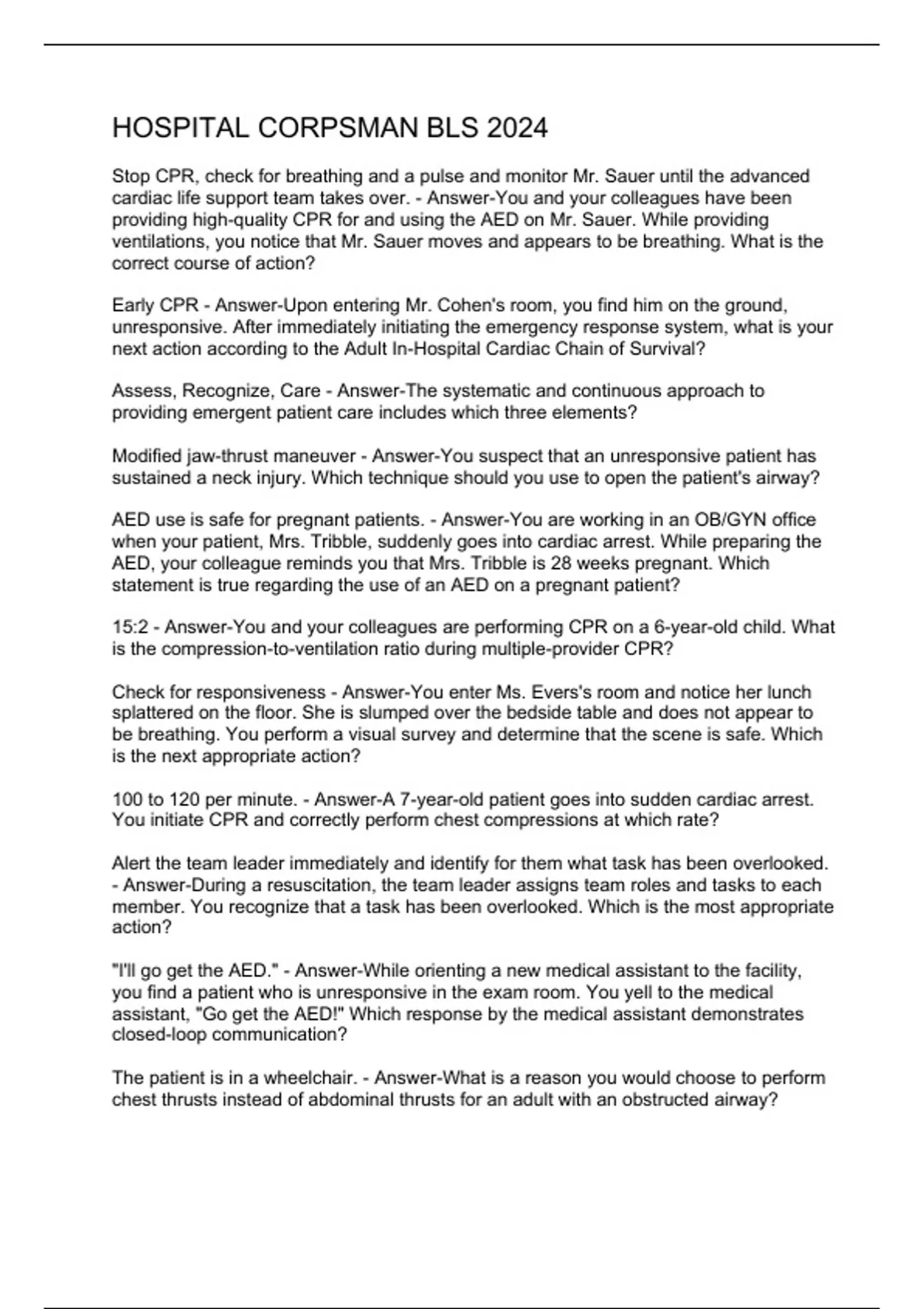 HOSPITAL CORPSMAN BLS 2024 - HOSPITAL CORPSMAN BLS - Stuvia US