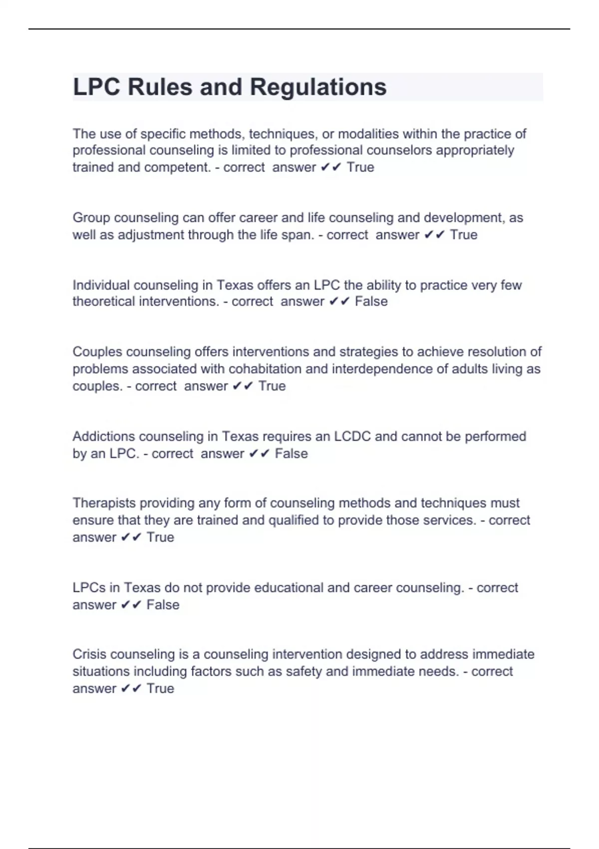 LPC Rules and Regulations with 100% correctly answered - Texas LPC ...