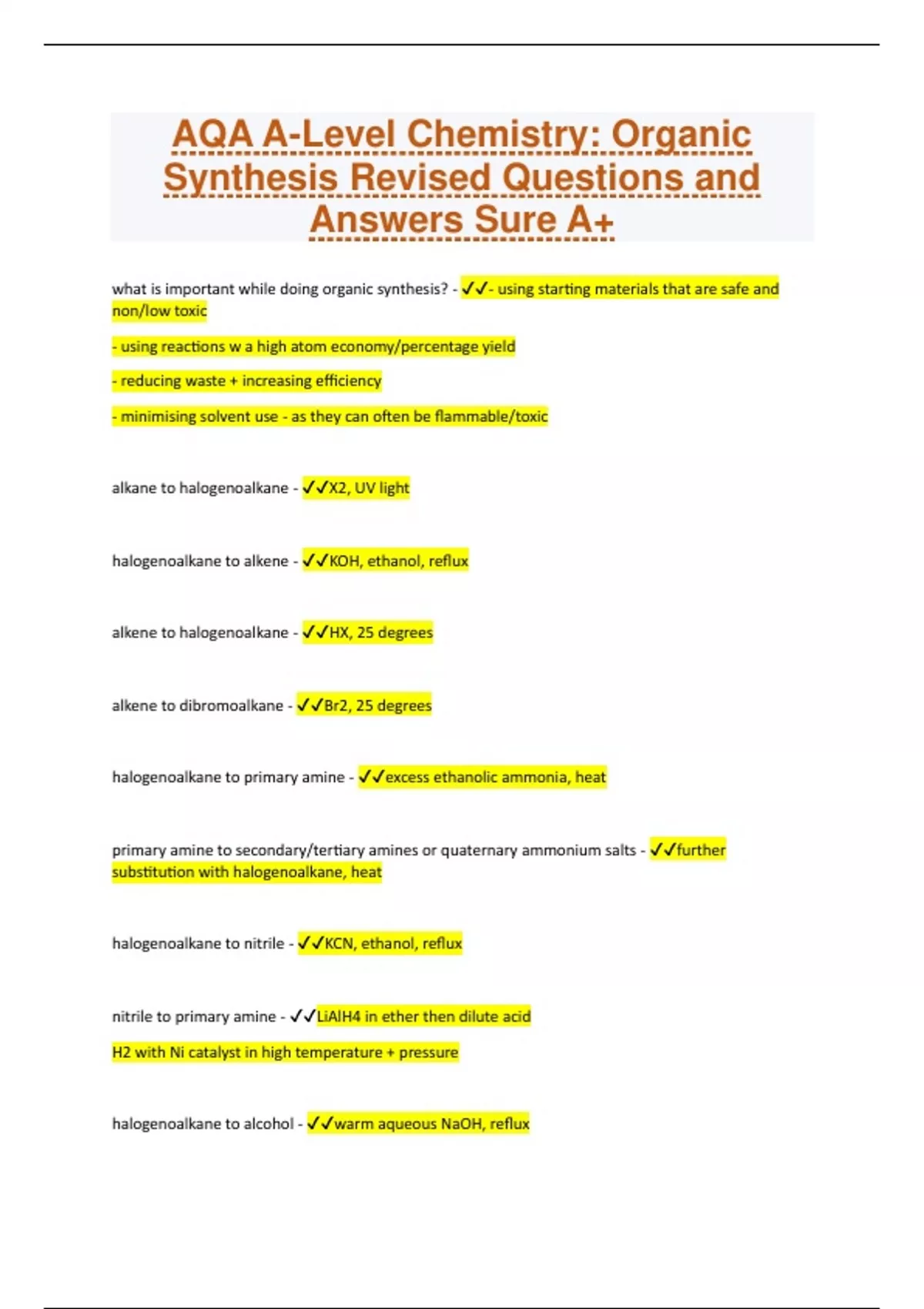 AQA A-Level Chemistry: Organic Synthesis Revised Questions and Answers ...