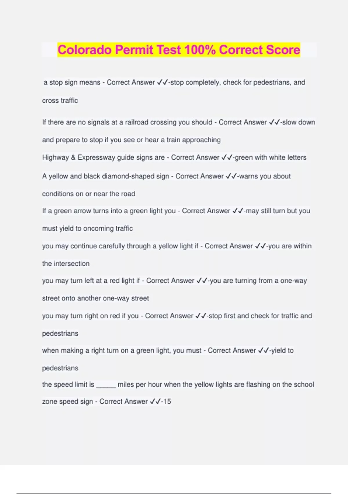 Colorado Permit Test 100% Correct Score - Colorado Permit - Stuvia UK
