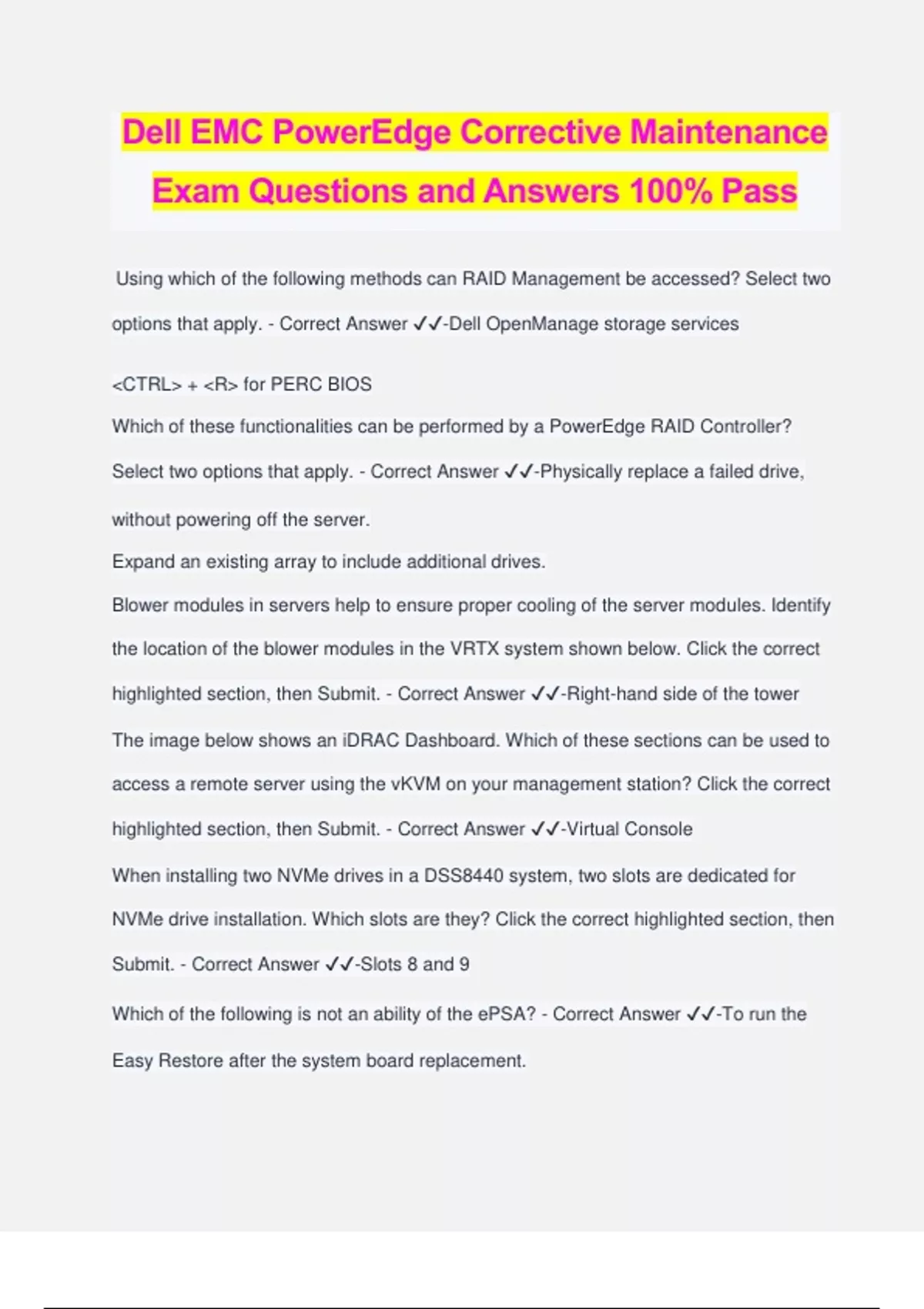 Dell EMC PowerEdge Corrective Maintenance Exam Questions and Answers ...