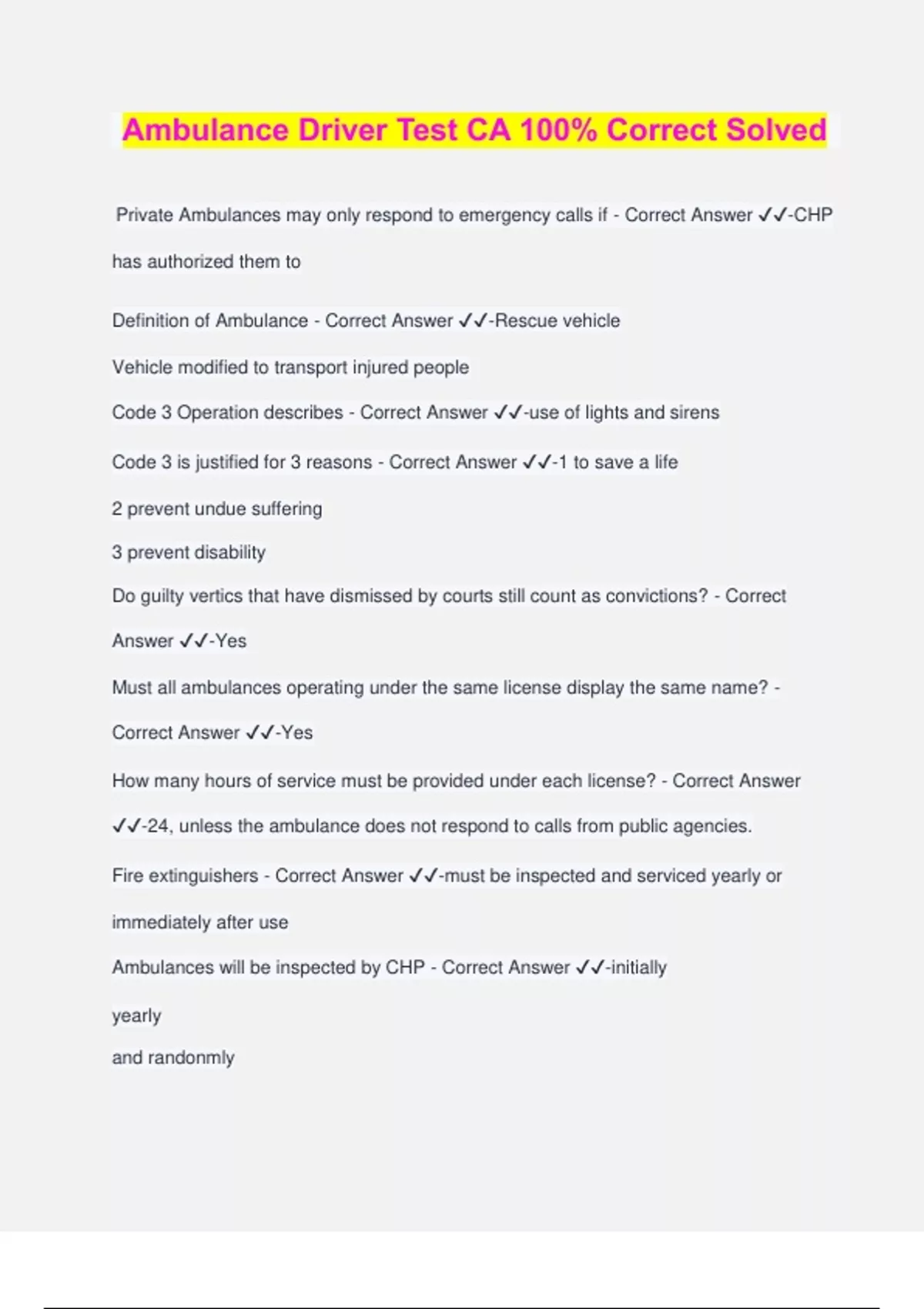 Ambulance Driver Test CA 100% Correct Solved - Ambulance Driver - Stuvia US