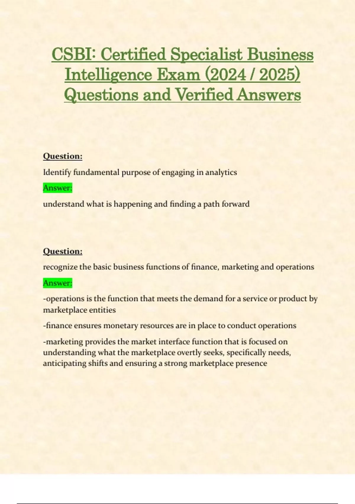 CSBI: Certified Specialist Business Intelligence Exam (2024 / 2025) Questions and Verified ...