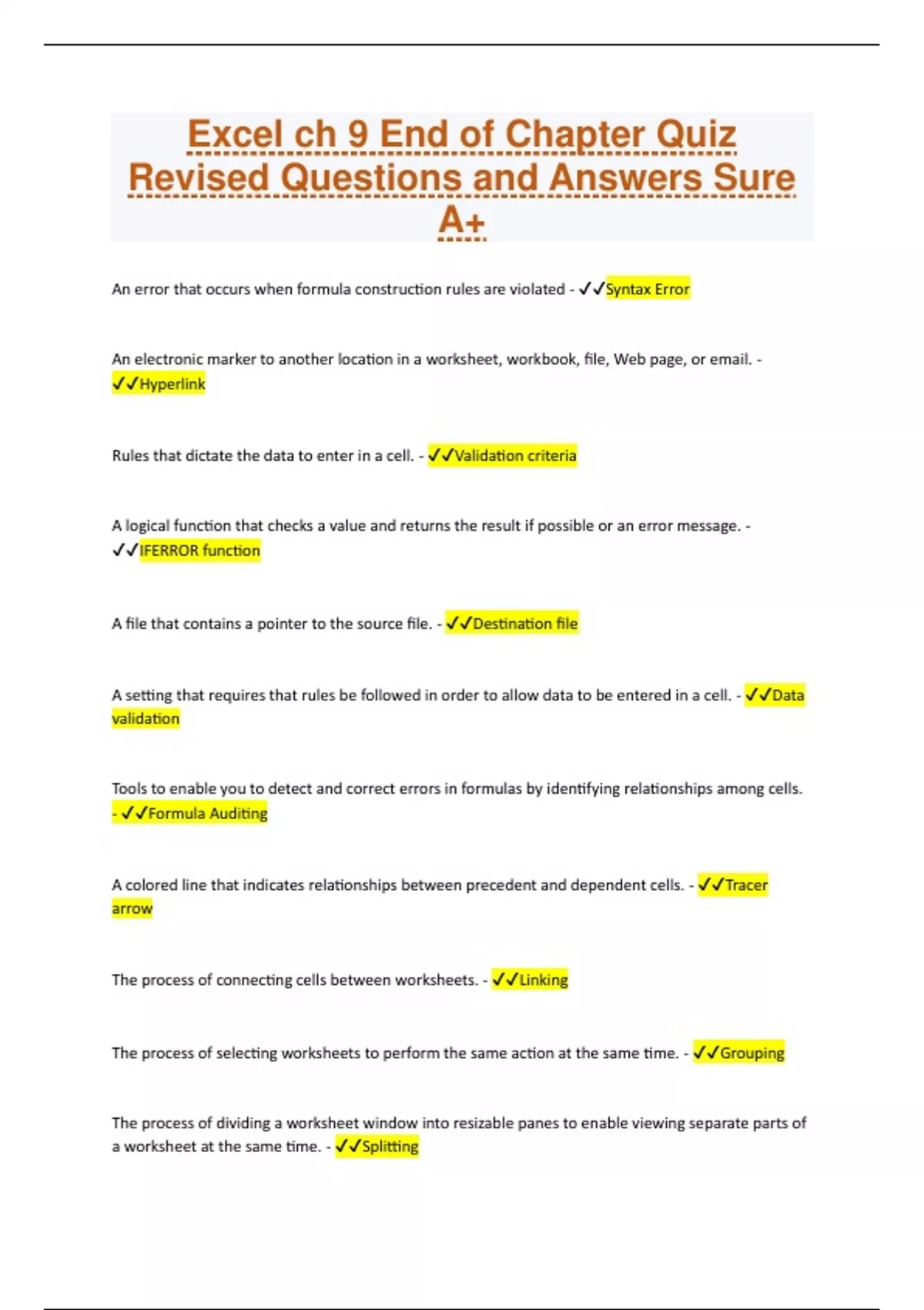Excel ch 9 End of Chapter Quiz Revised Questions and Answers Sure A+ ...