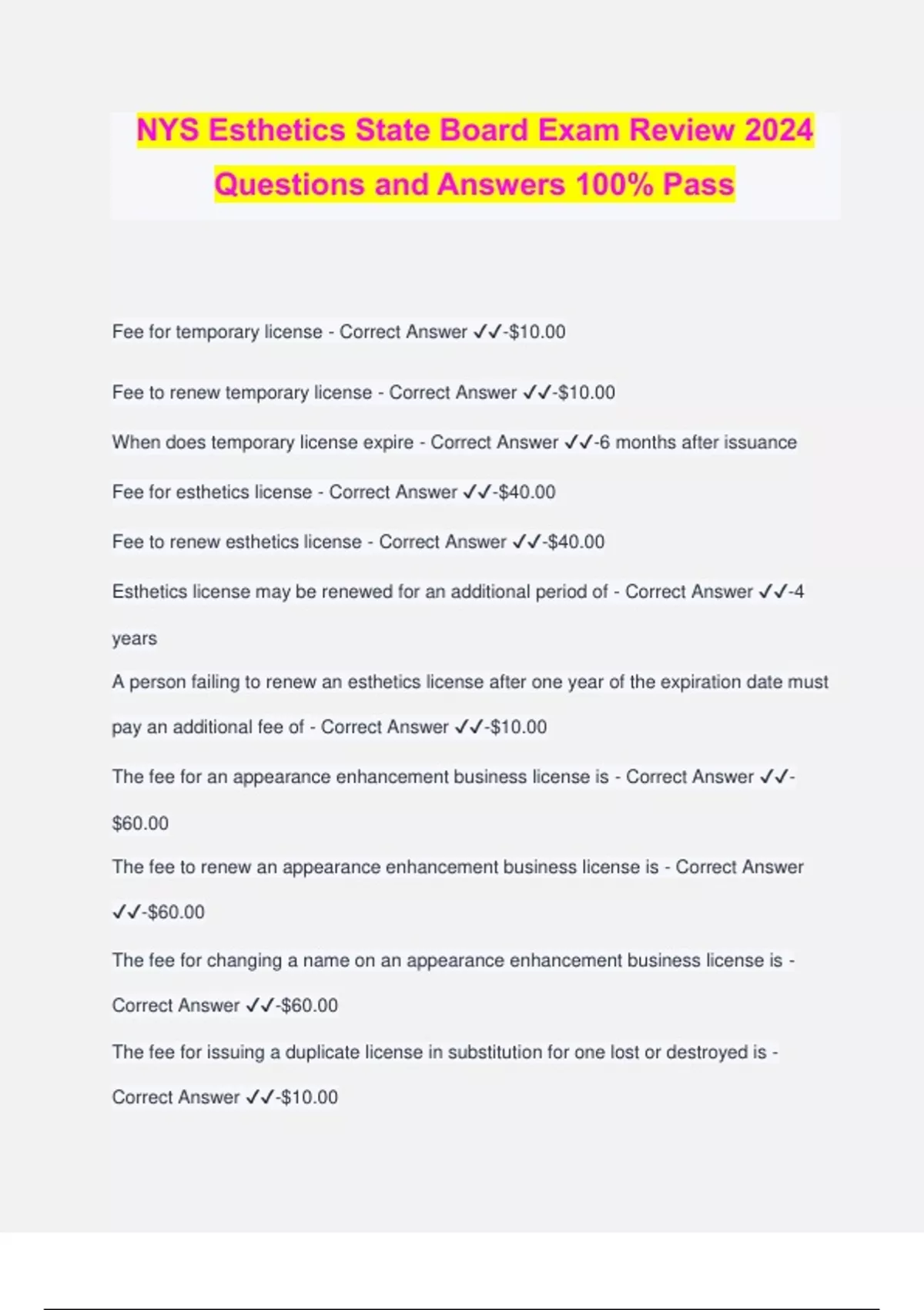 NYS Esthetics State Board Exam Review 2024 Questions and Answers 100% ...