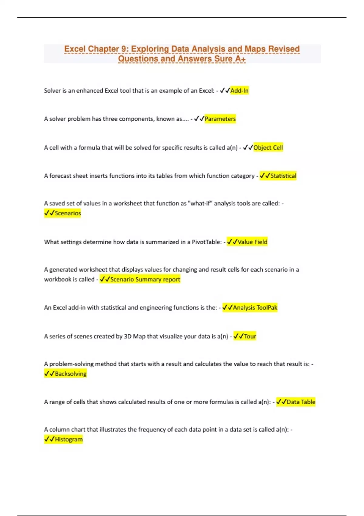 Excel Chapter 9: Exploring Data Analysis and Maps Revised Questions and Answers Sure A+ - Excel ...