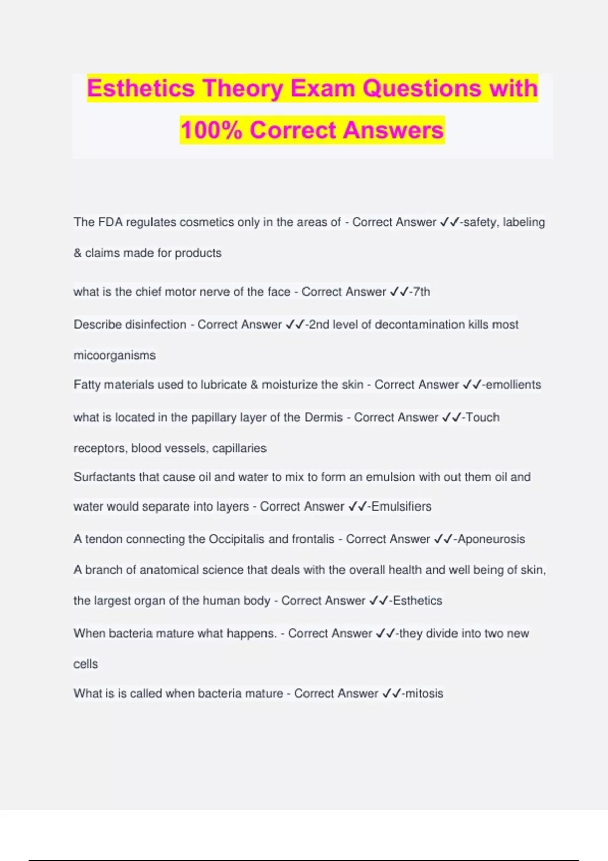 Esthetics Theory Exam Questions with 100% Correct Answers - Esthetics ...