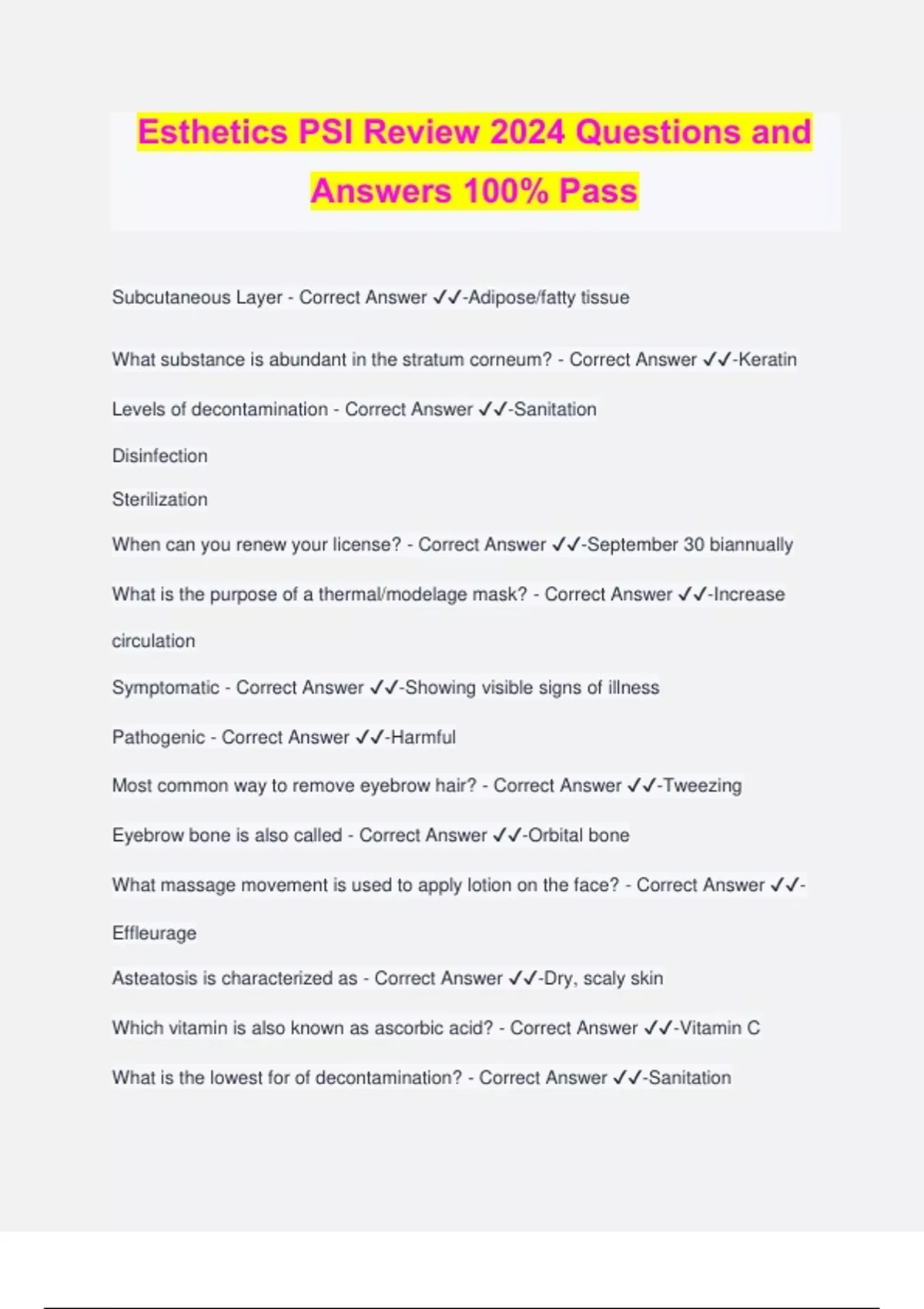 Esthetics PSI Review 2024 Questions and Answers 100% Pass - Esthetics ...