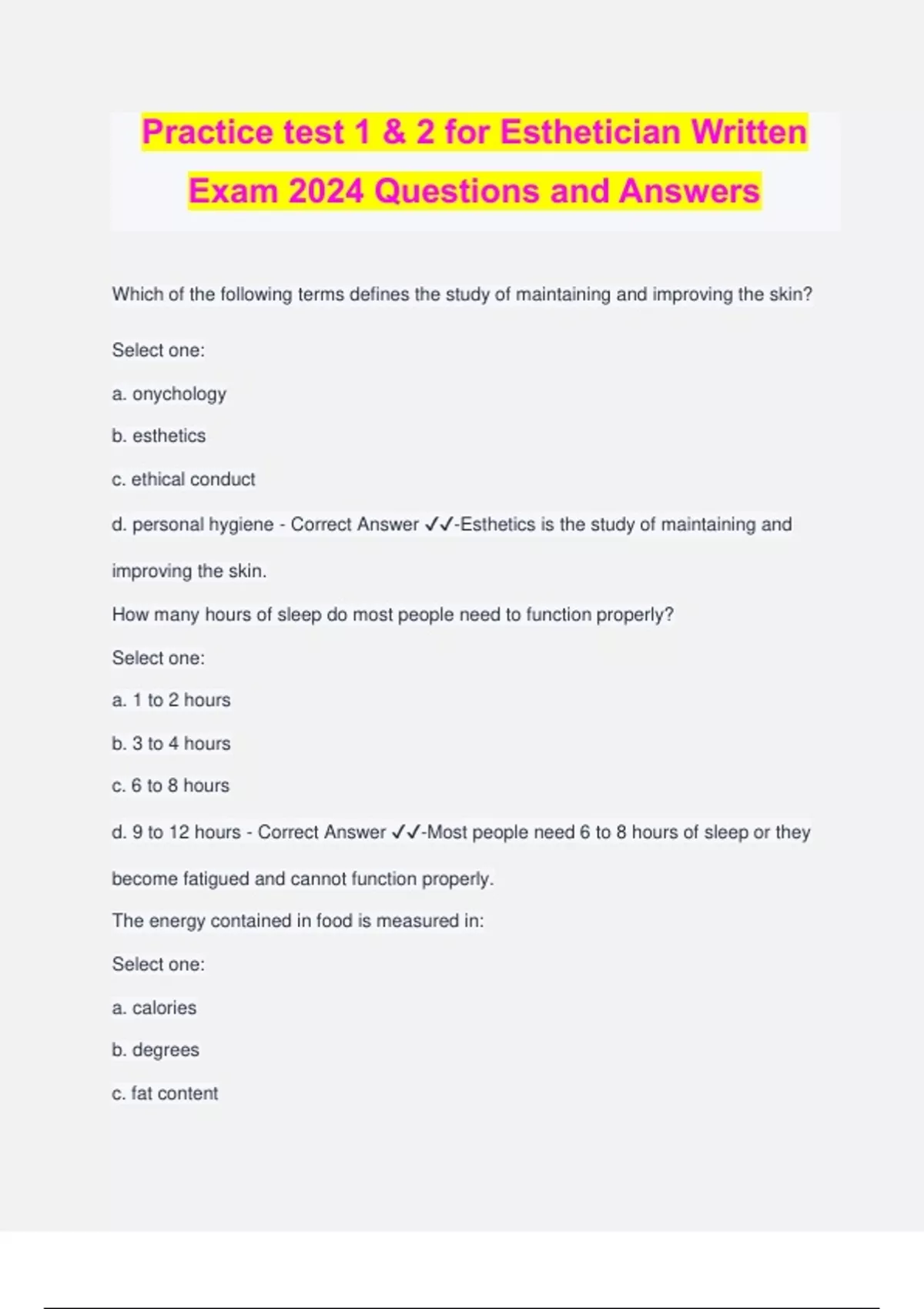 Practice test 1 & 2 for Esthetician Written Exam 2024 Questions and ...