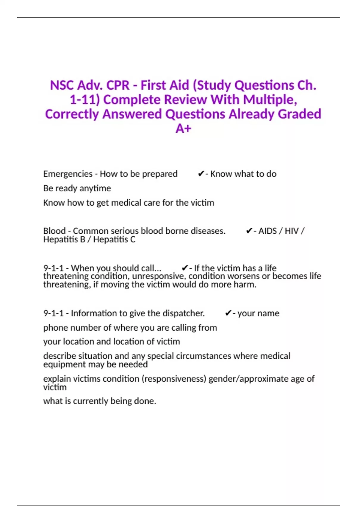 NSC Adv. CPR - First Aid (Study Questions Ch. 1-11) Complete Review ...