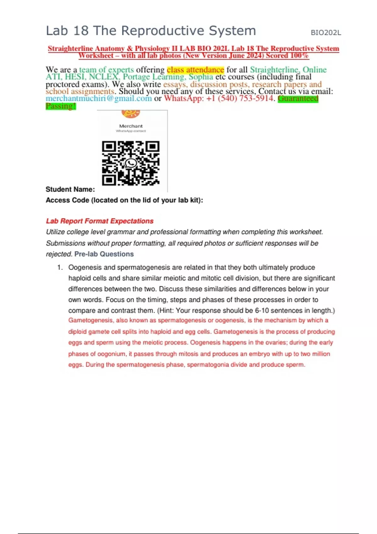 Lab 18 The Reproductive System BIO202L Straighterline Anatomy & Physiology II LAB BIO 202L Lab ...