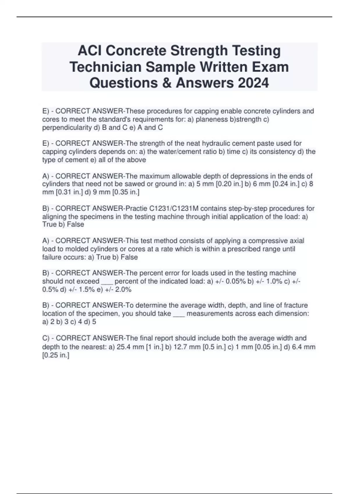 ACI Concrete Strength Testing Technician Sample Written Exam Questions ...