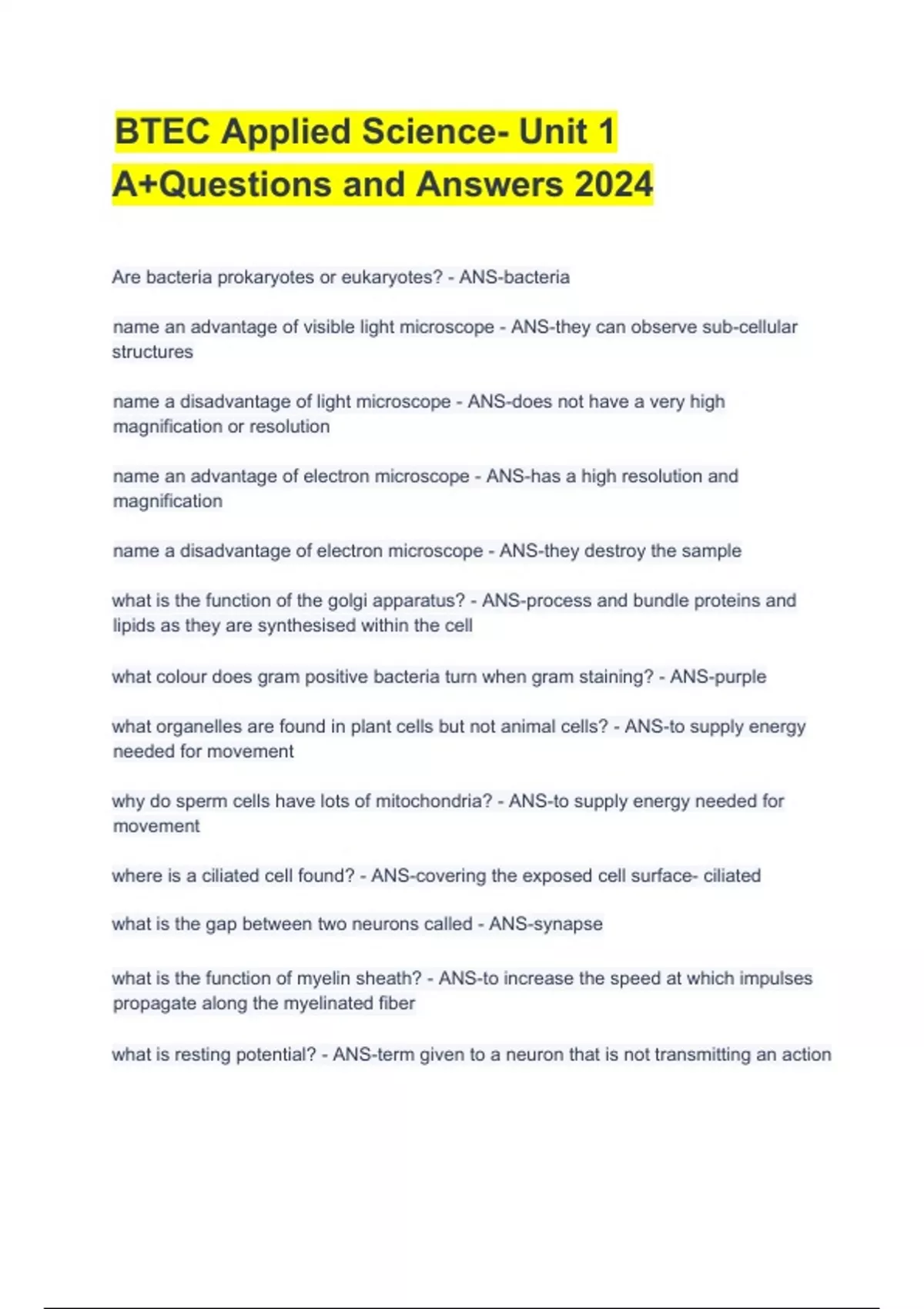BTEC Applied Science- Unit 1 A+Questions and Answers 2024 - Depth ...