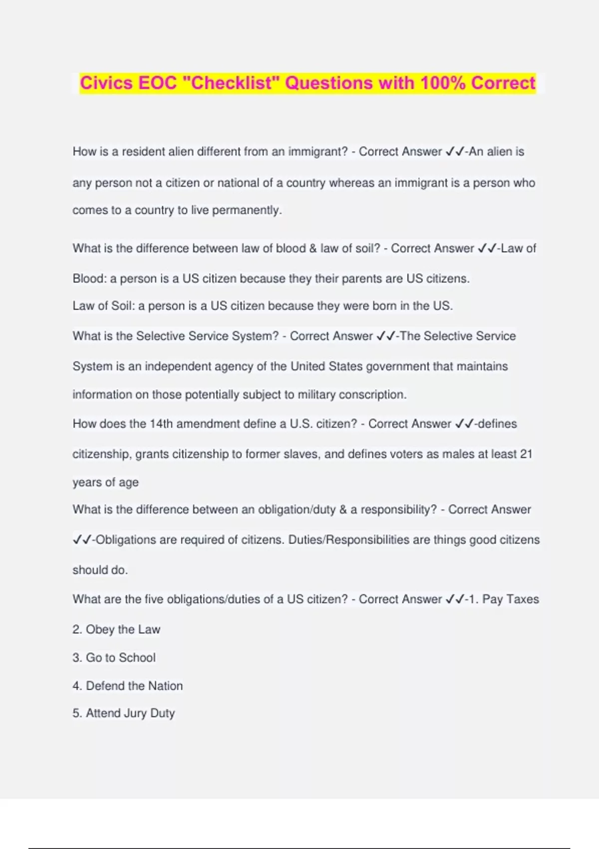 Civics EOC "Checklist" Questions with 100% Correct - Civics EOC - Stuvia US