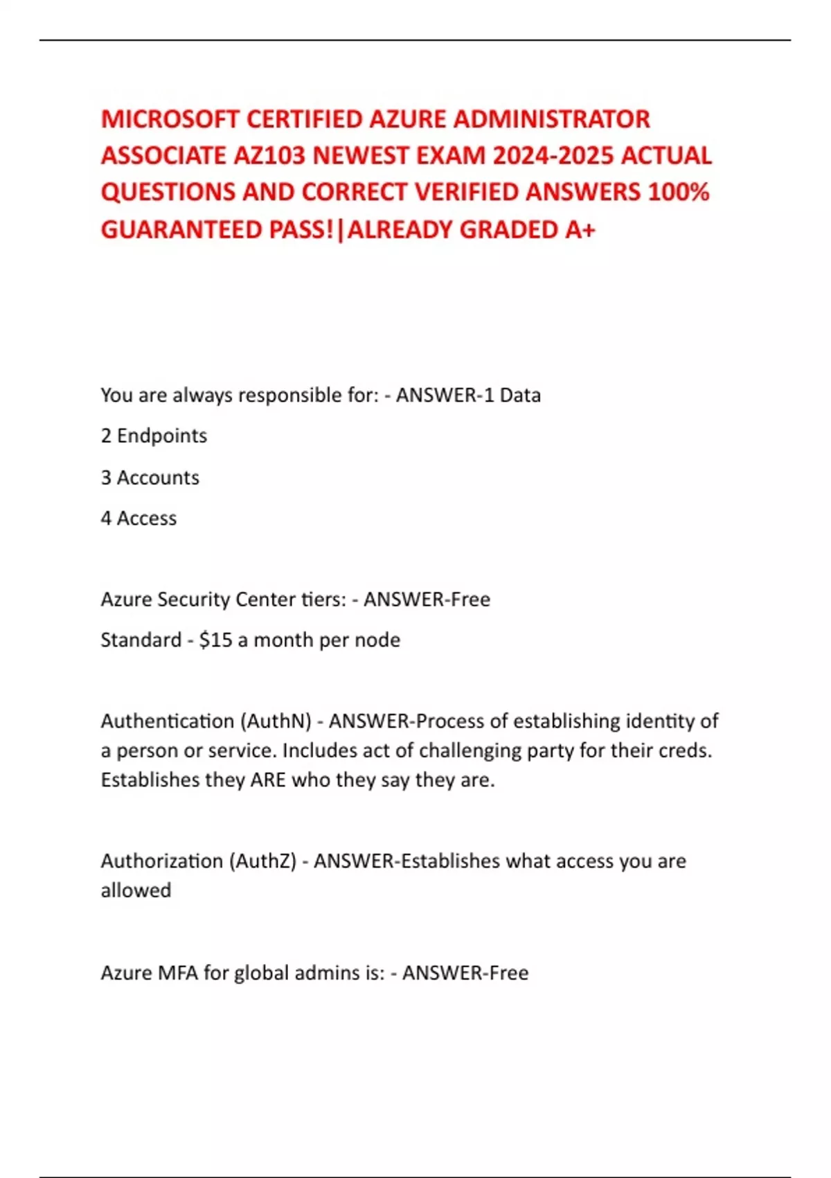 MICROSOFT CERTIFIED AZURE ADMINISTRATOR ASSOCIATE AZ103 NEWEST EXAM ACTUAL QUESTIONS AND CORRECT ...