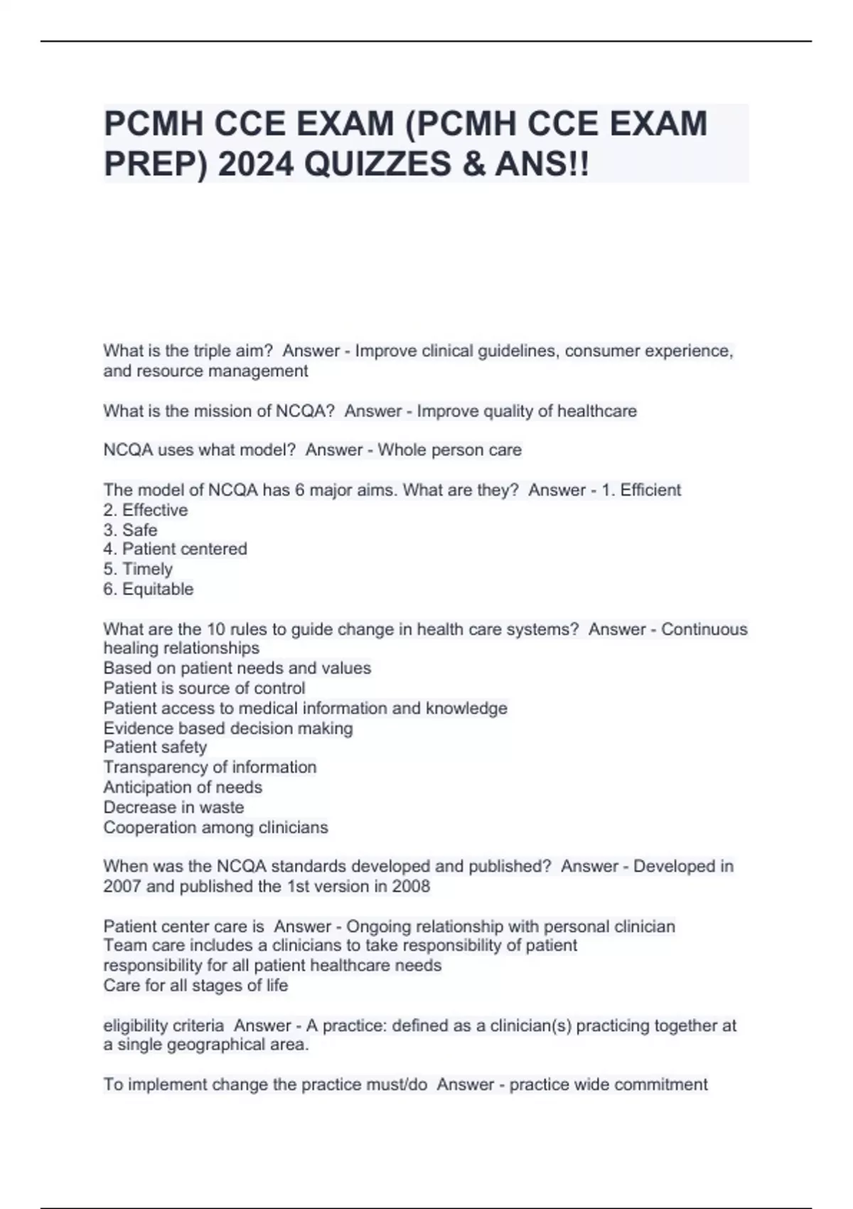 PCMH CCE EXAM (PCMH CCE EXAM PREP) 2024 QUIZZES & ANS!! - PCMH CCE - Stuvia US