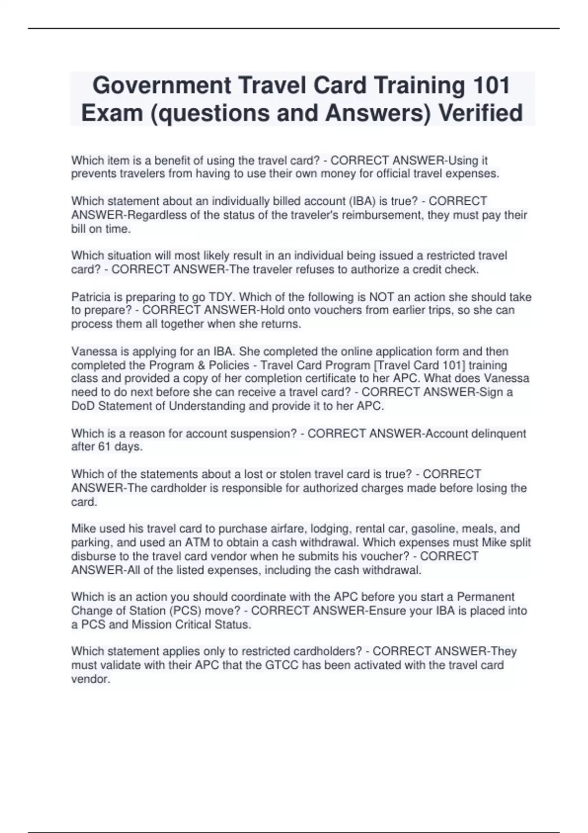 Government Travel Card Training 101 Exam (questions and Answers ...