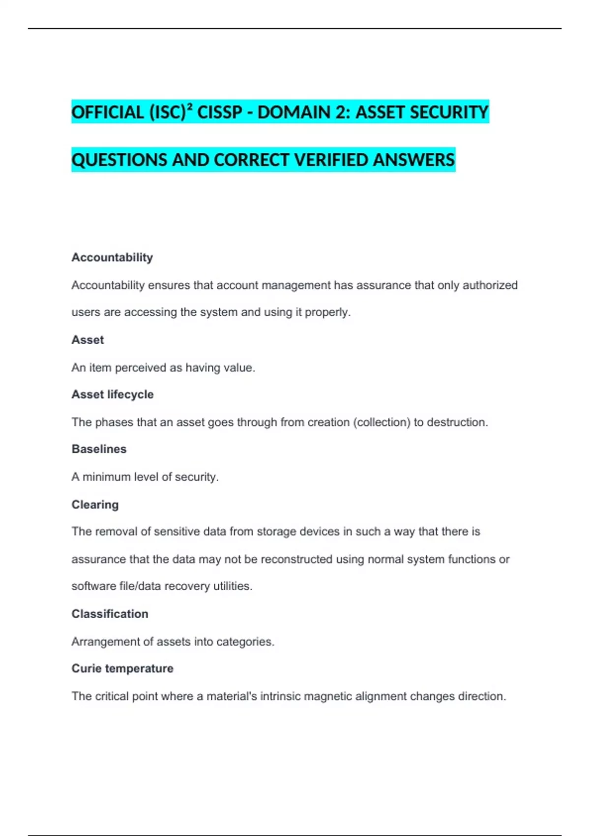 OFFICIAL (ISC)² CISSP - DOMAIN 2: ASSET SECURITY QUESTIONS AND CORRECT ...