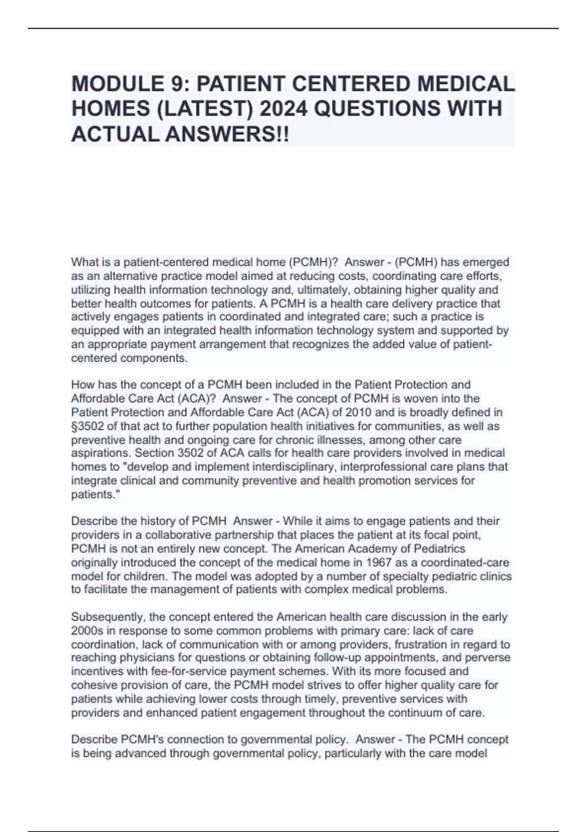 MODULE 9: PATIENT CENTERED MEDICAL HOMES (LATEST) 2024 QUESTIONS WITH ...