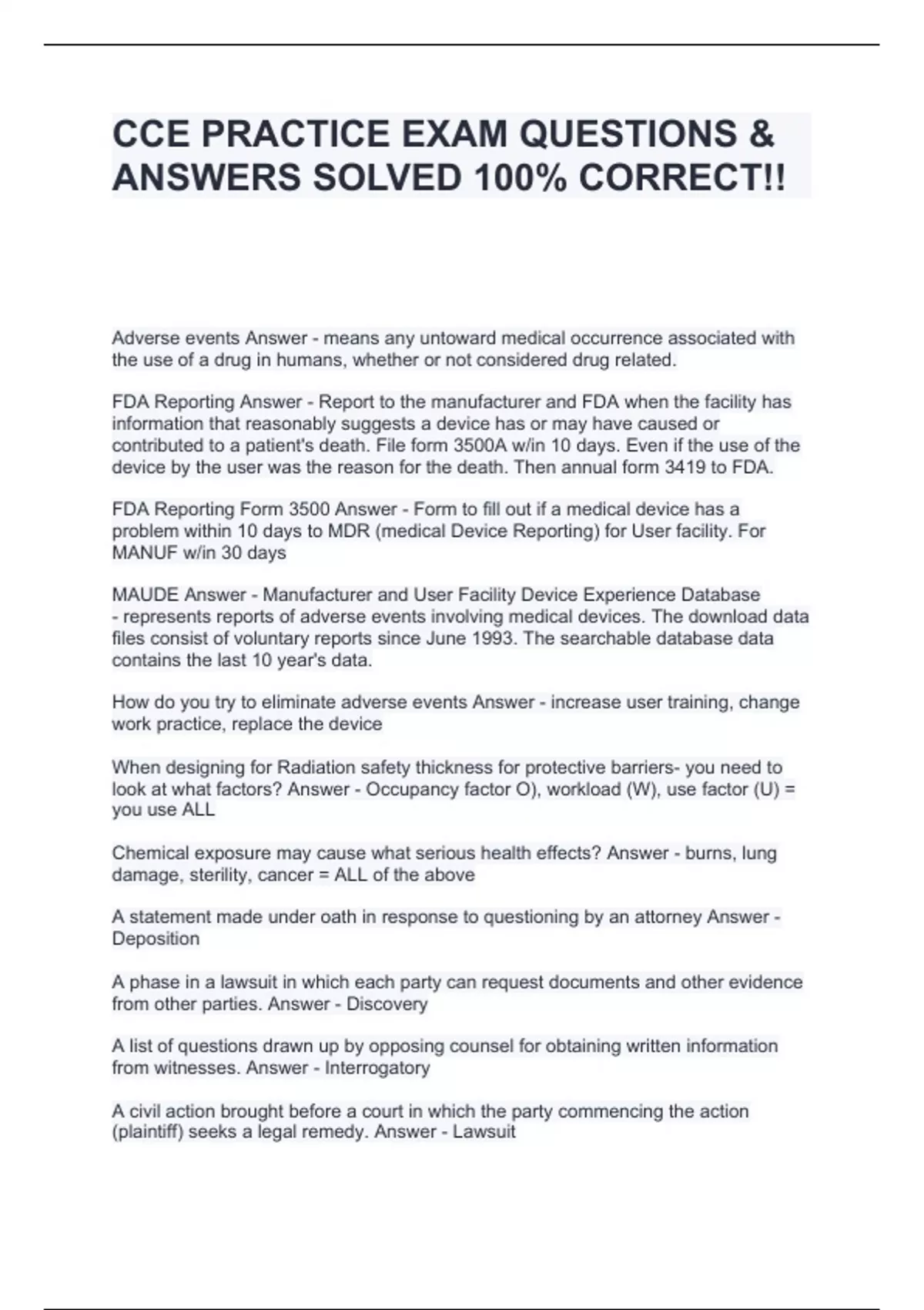 CCE PRACTICE EXAM QUESTIONS & ANSWERS SOLVED 100% CORRECT!! - PCMH CCE ...