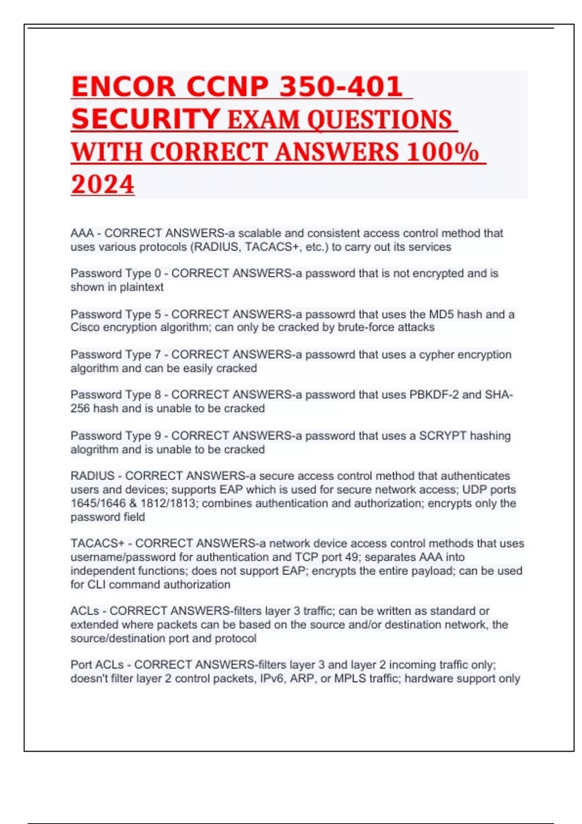 ENCOR CCNP 350-401 SECURITY EXAM QUESTIONS WITH CORRECT ANSWERS 100% ...