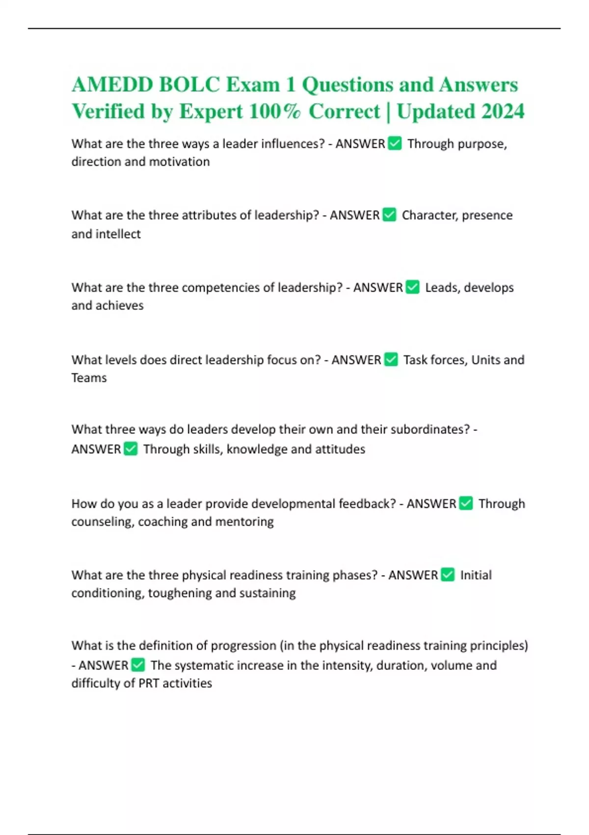 AMEDD BOLC Exam 1 Questions and Answers Verified by Expert 100% Correct ...