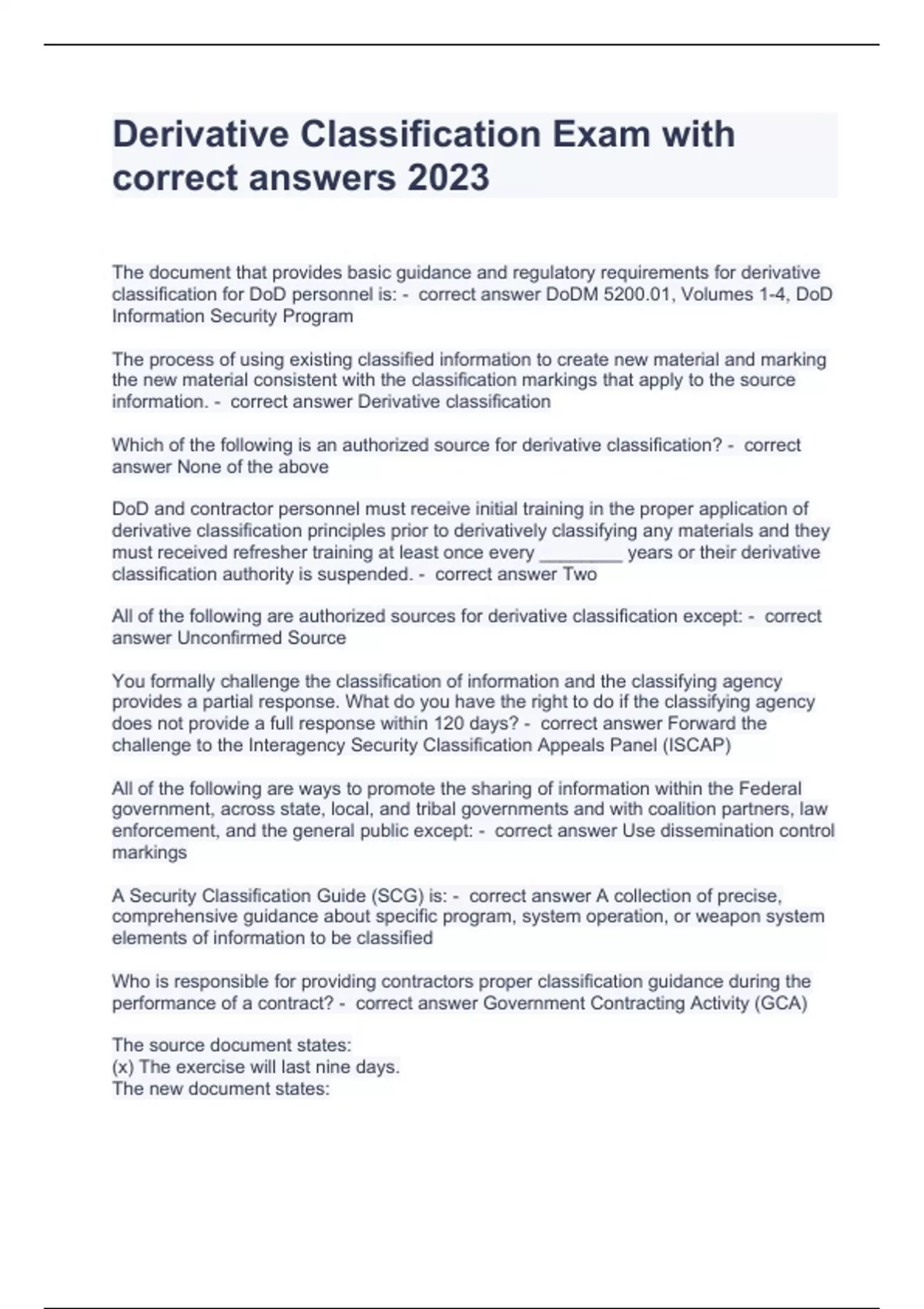 Derivative Classification Exam With Correct Answers 2023 2024 Derivative Classification