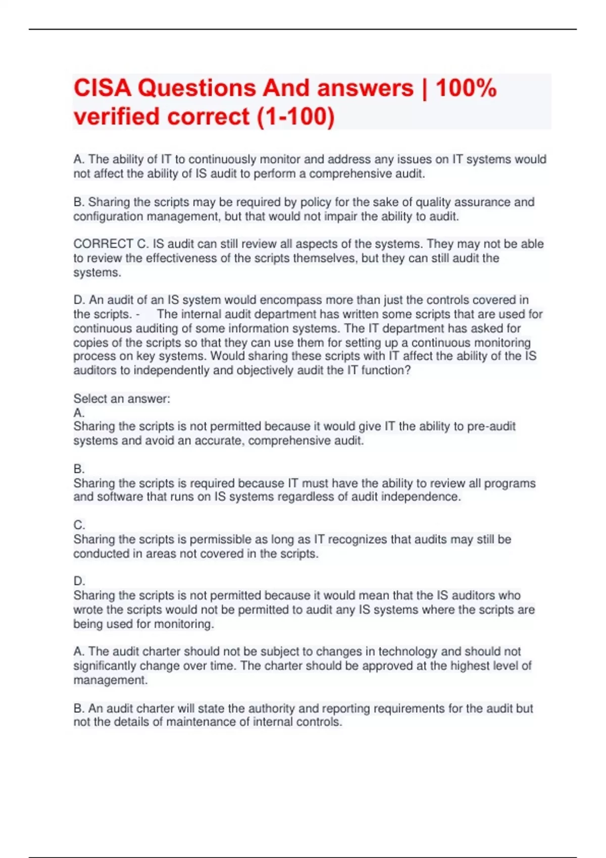 CISA Questions And answers | 100% verified correct (1-100) - CISA ...