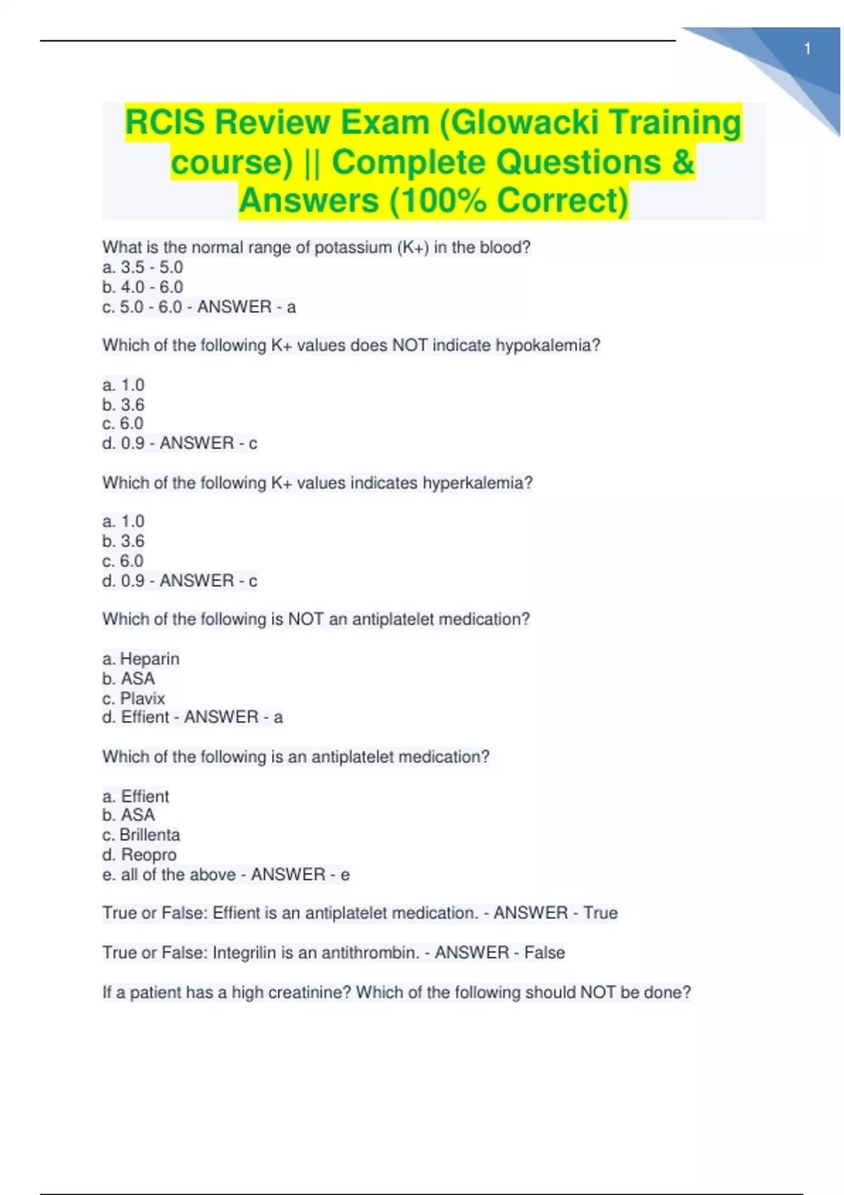 RCIS Review Exam (Glowacki Training course) || Complete Questions & Answers (100% Correct - Rcis ...