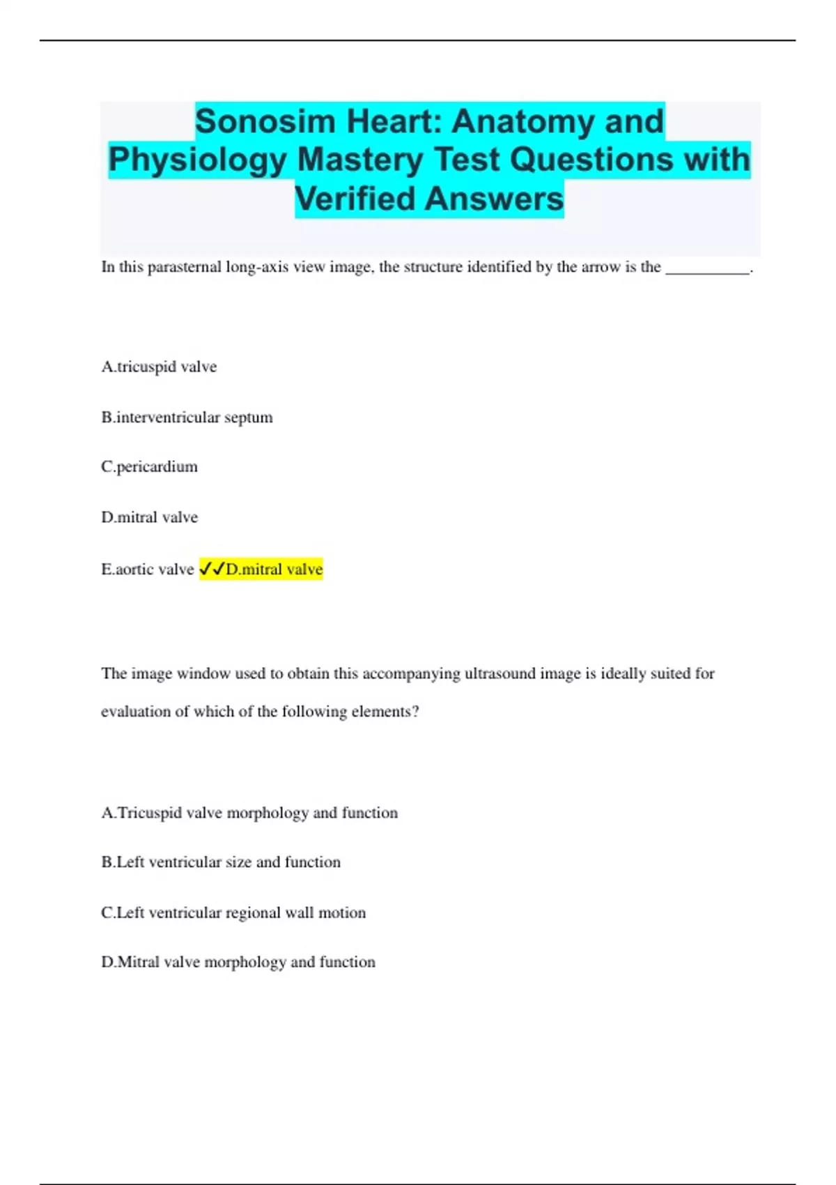 Sonosim Heart: Anatomy and Physiology Mastery Test Questions with ...