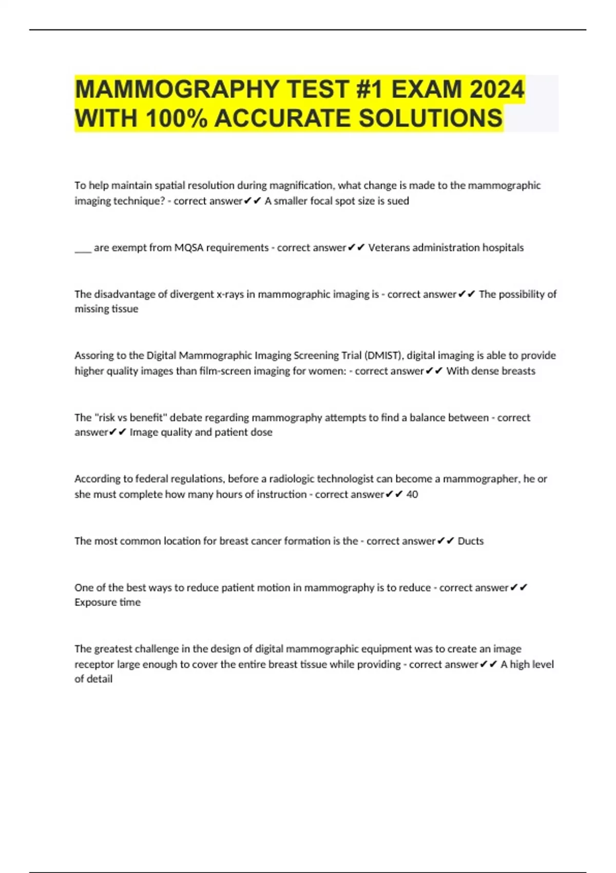 MAMMOGRAPHY TEST #1 EXAM 2024 WITH 100% ACCURATE SOLUTIONS ...