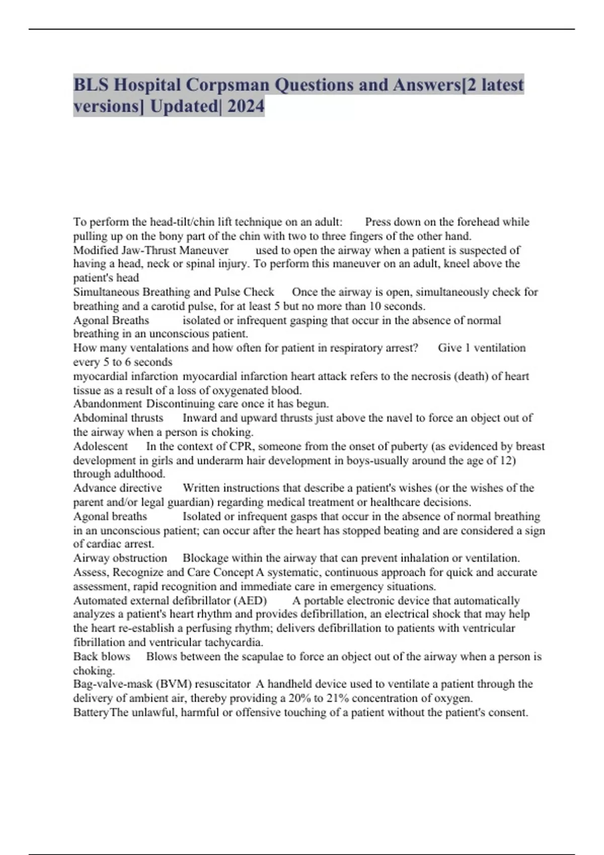 BLS Hospital Corpsman Questions and Answers[2 Latest Versions] Updated ...