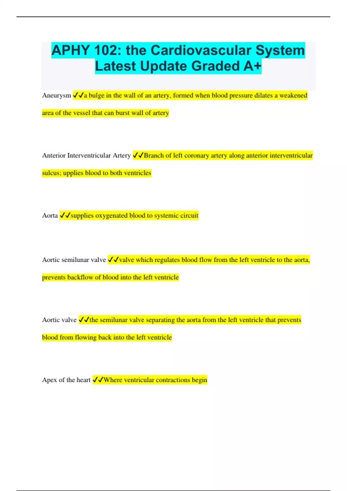APHY 102: the Cardiovascular System Latest Update Graded A+ - APHY 102 ...