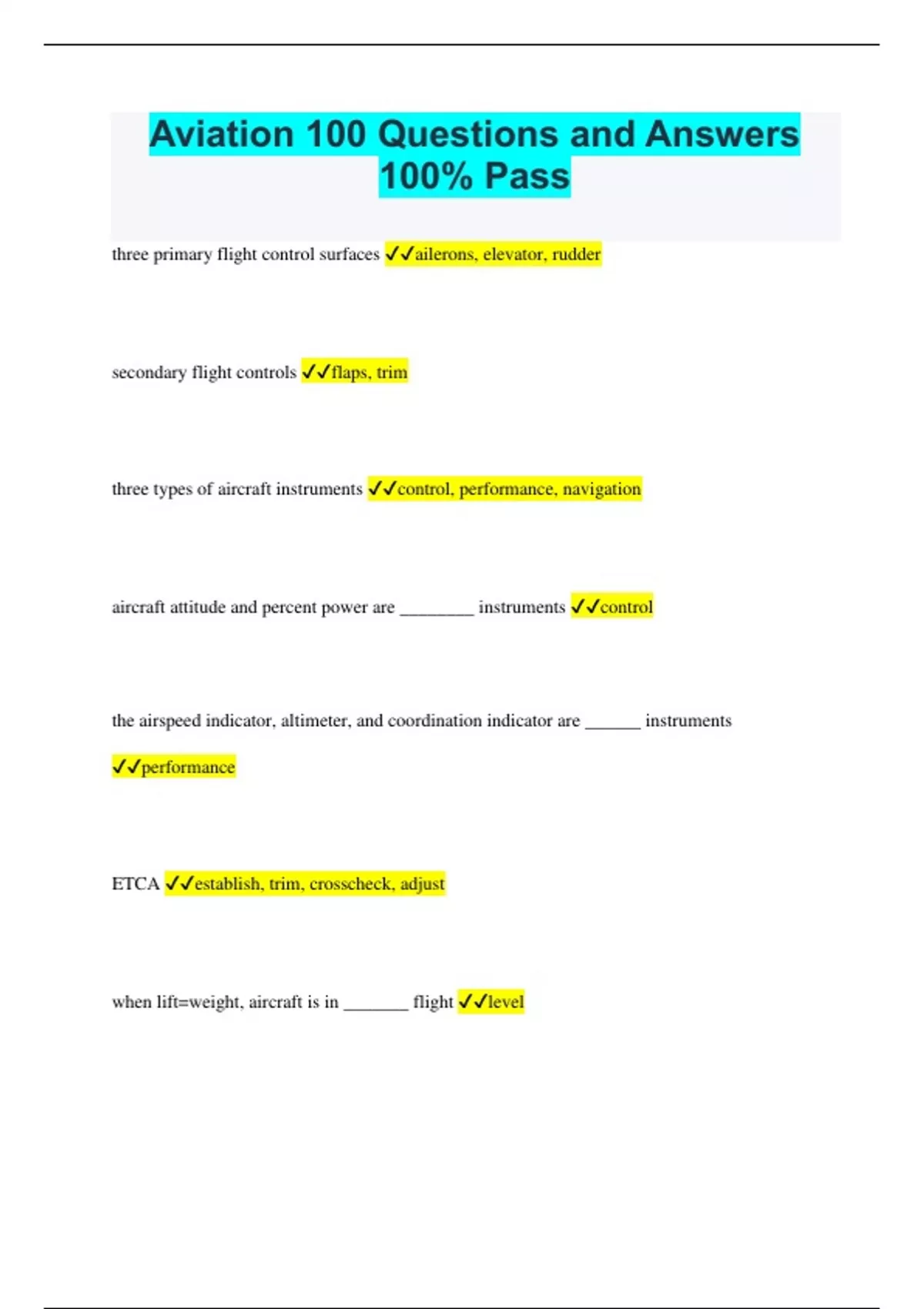 Aviation 100 Questions and Answers 100% Pass - Aviation 100 - Stuvia US