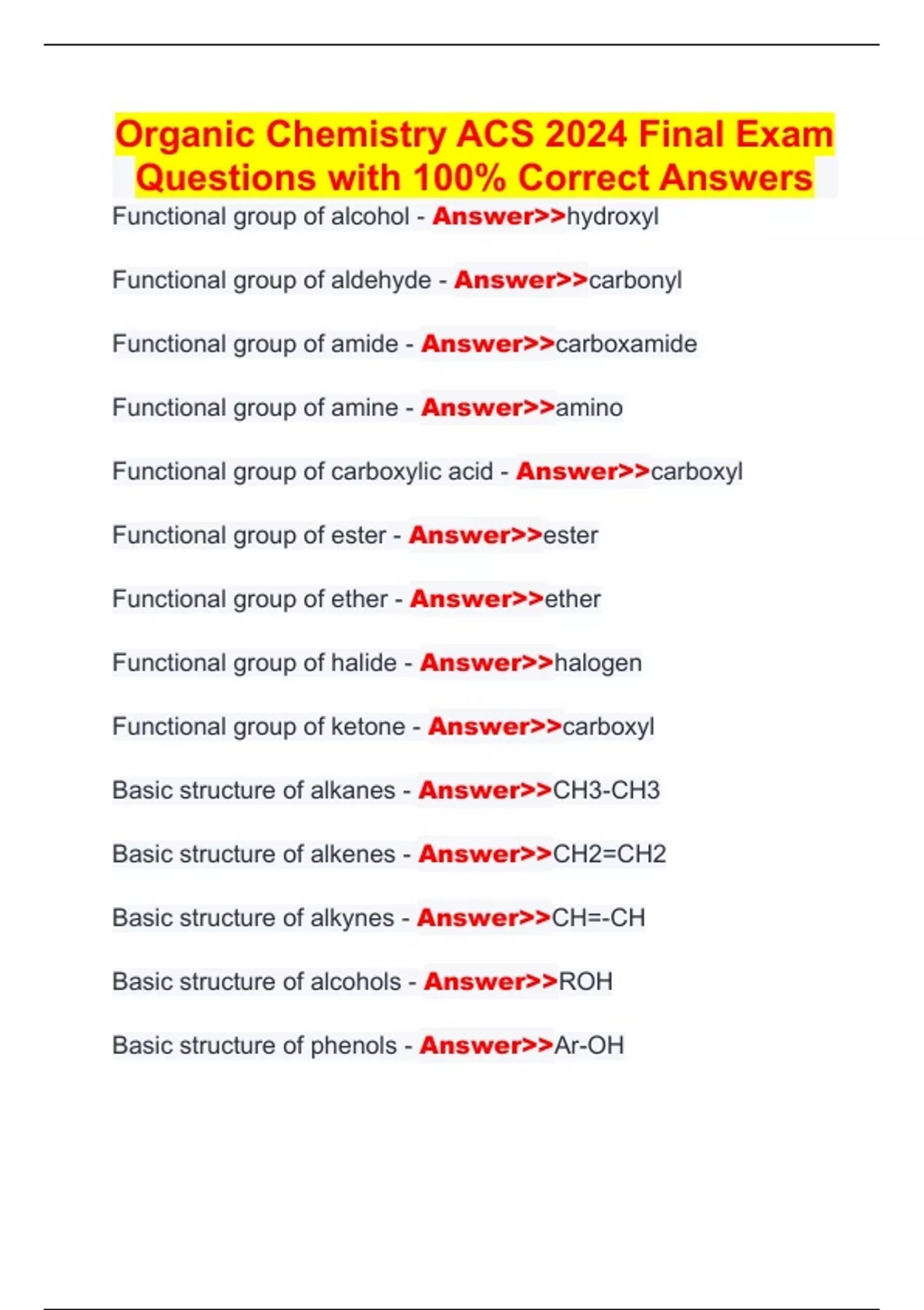 Organic Chemistry ACS 2024 Final Exam Questions with 100% Correct ...