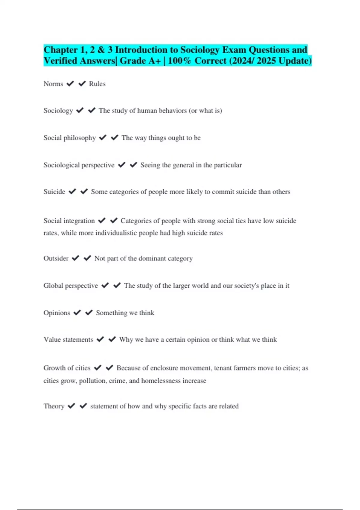 Chapter 1, 2 & 3 Introduction to Sociology Exam Questions and Verified ...