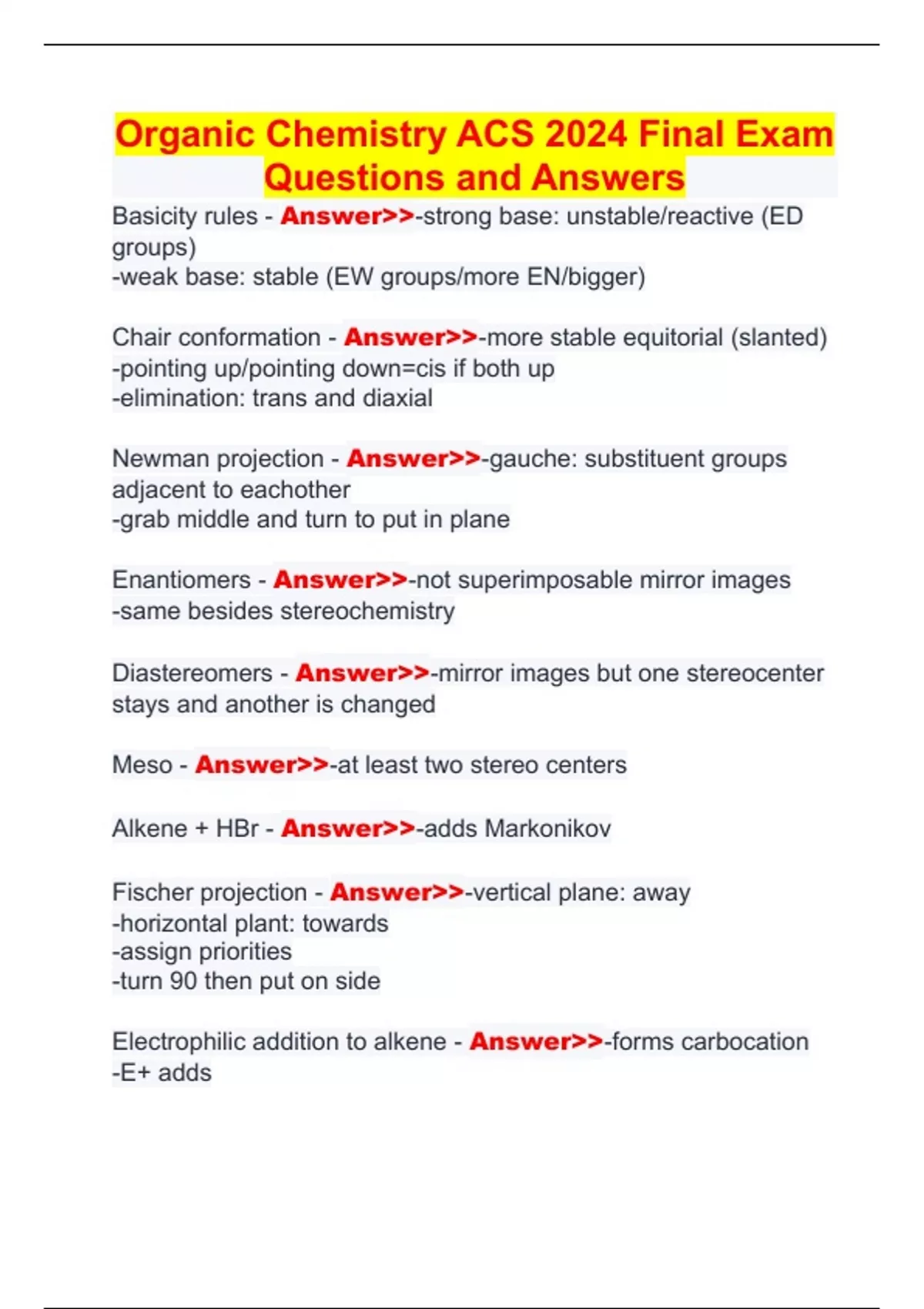 Organic Chemistry ACS 2024 Final Exam Questions and Answers - ACS ...