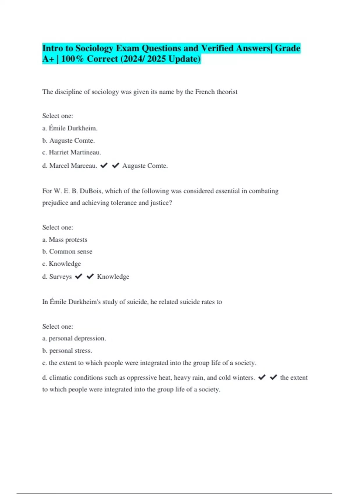 Intro to Sociology Exam Questions and Verified Answers| Grade A+ | 100% ...