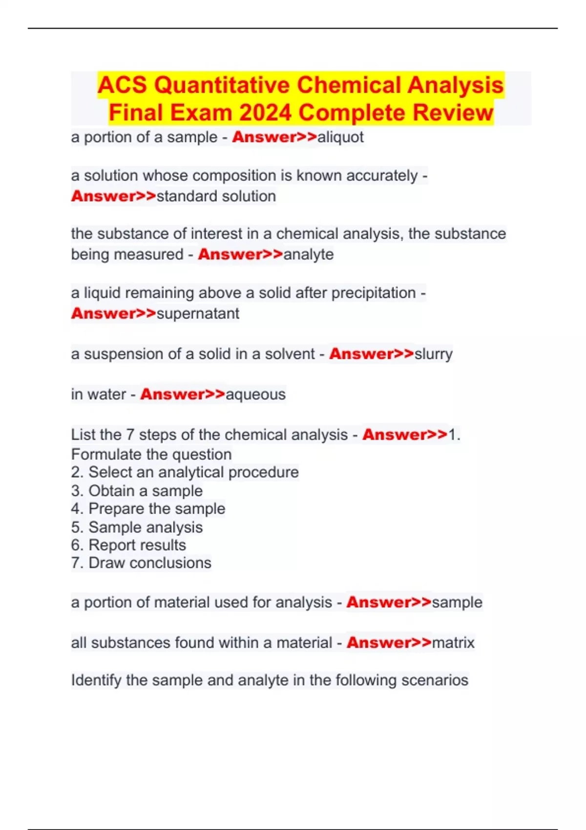 ACS Quantitative Chemical Analysis Final Exam 2024 Complete Review - ACS Analytical Chemistry ...