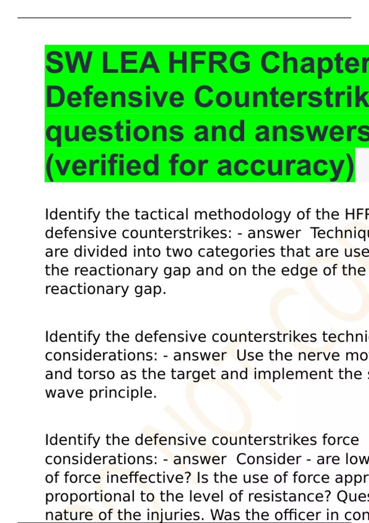 SW LEA HFRG Chapter 8 Defensive Counterstrikes questions and answers ...