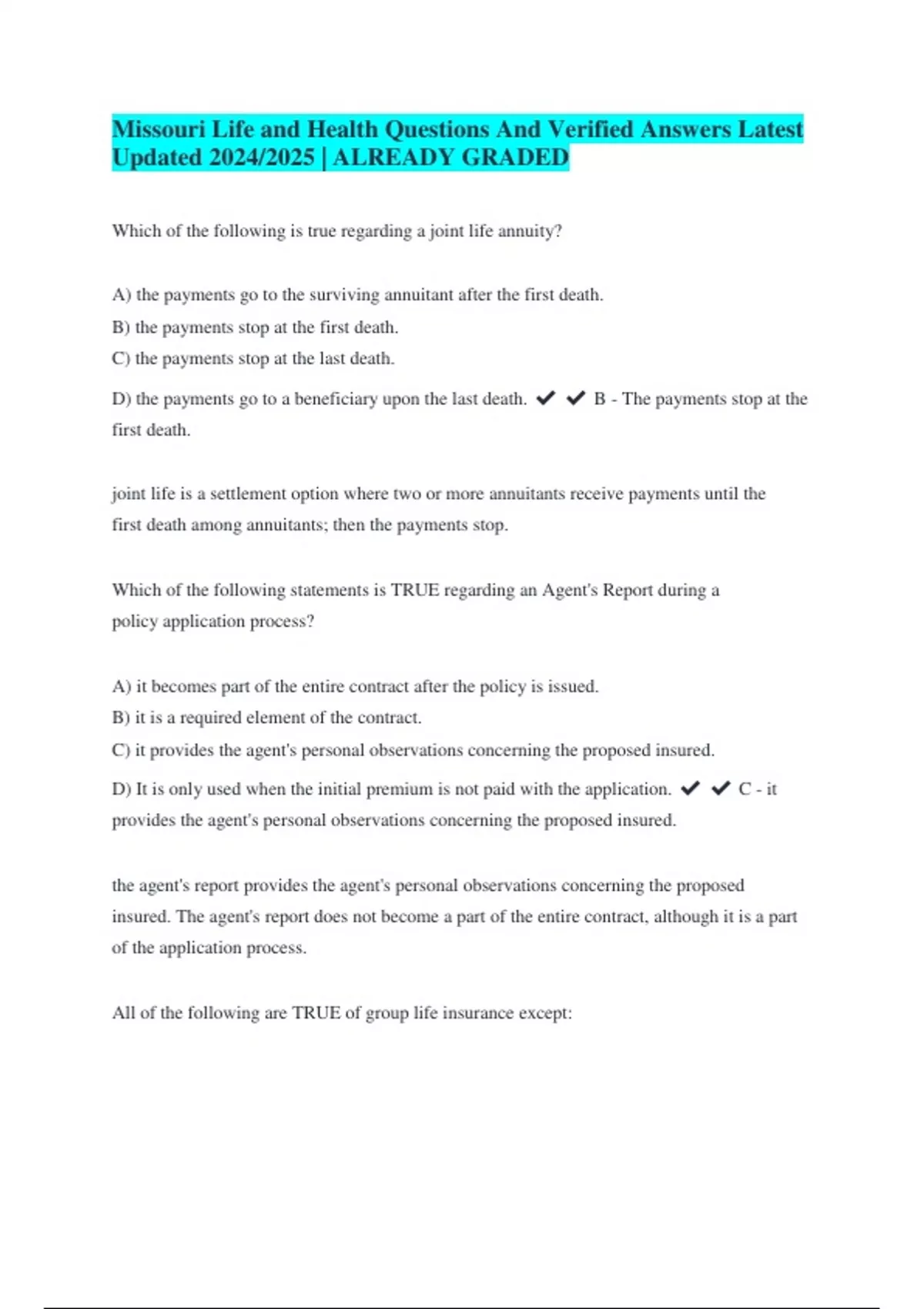 Missouri Life and Health Questions And Verified Answers Latest Updated ...