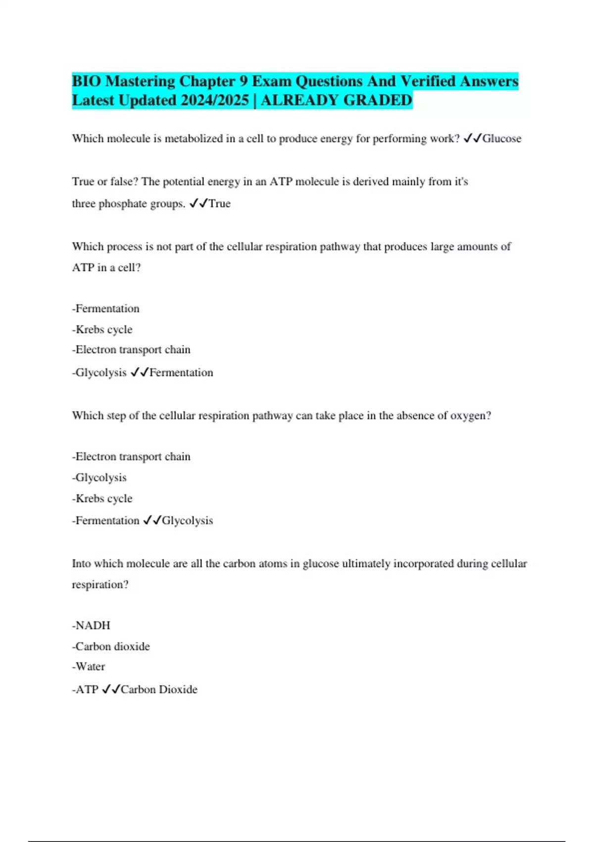 BIO Mastering Chapter 9 Exam Questions And Verified Answers Latest ...
