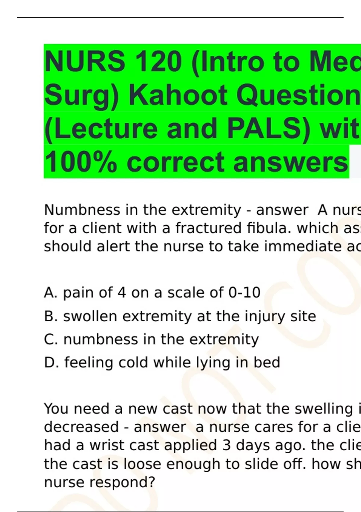 NURS 120 (Intro to Med Surg) Kahoot Questions (Lecture and PALS) with ...
