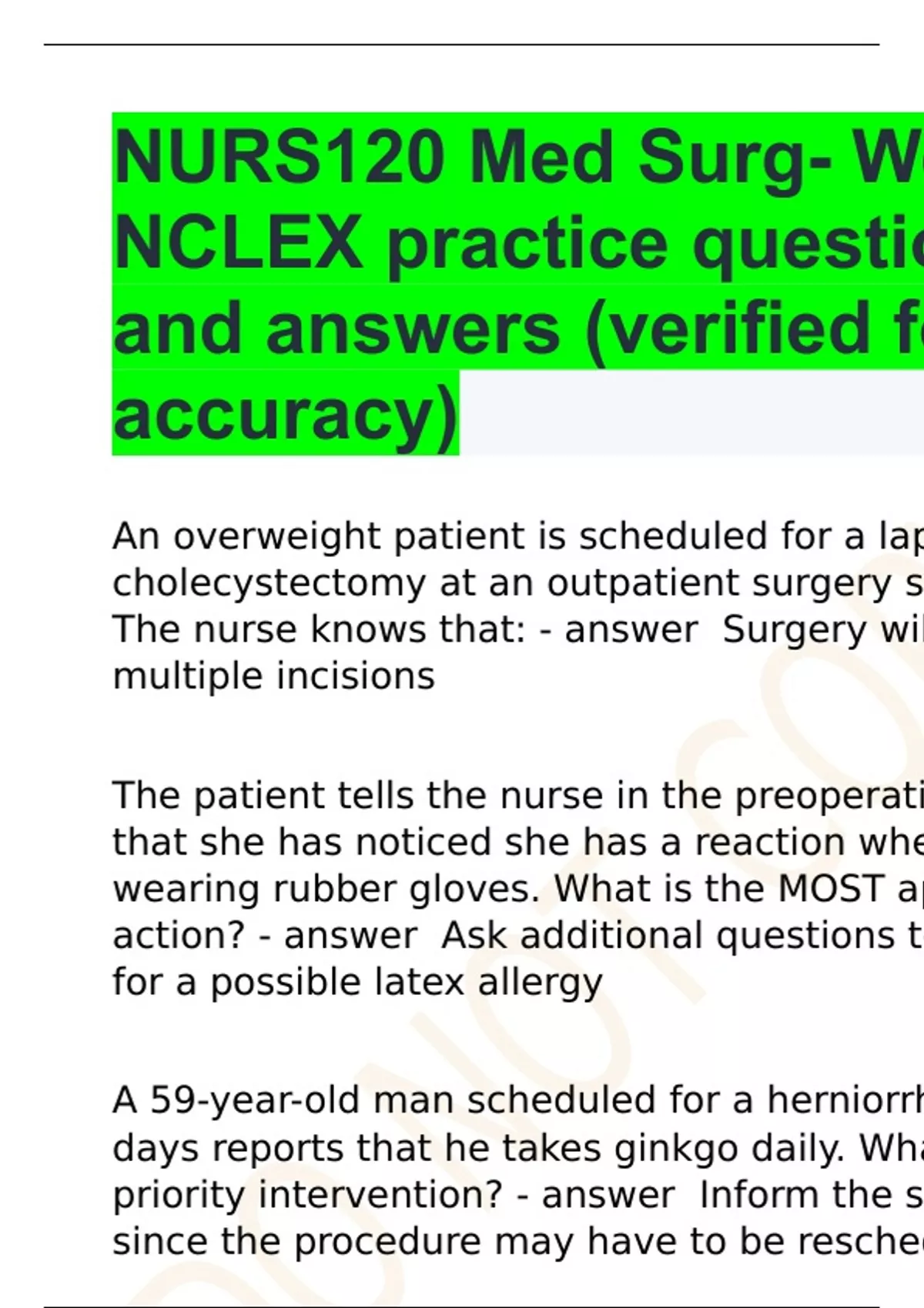 NURS120 Med Surg- Week 1 NCLEX practice questions and answers (verified ...