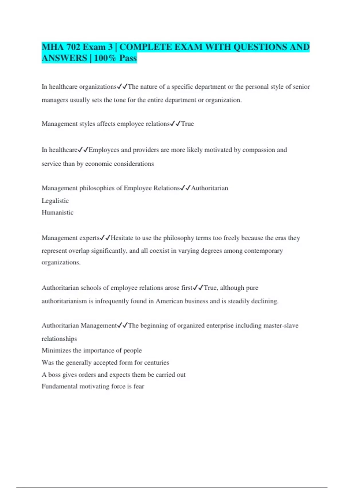 MHA 702 Exam 3 | COMPLETE EXAM WITH QUESTIONS AND ANSWERS | 100% Pass ...