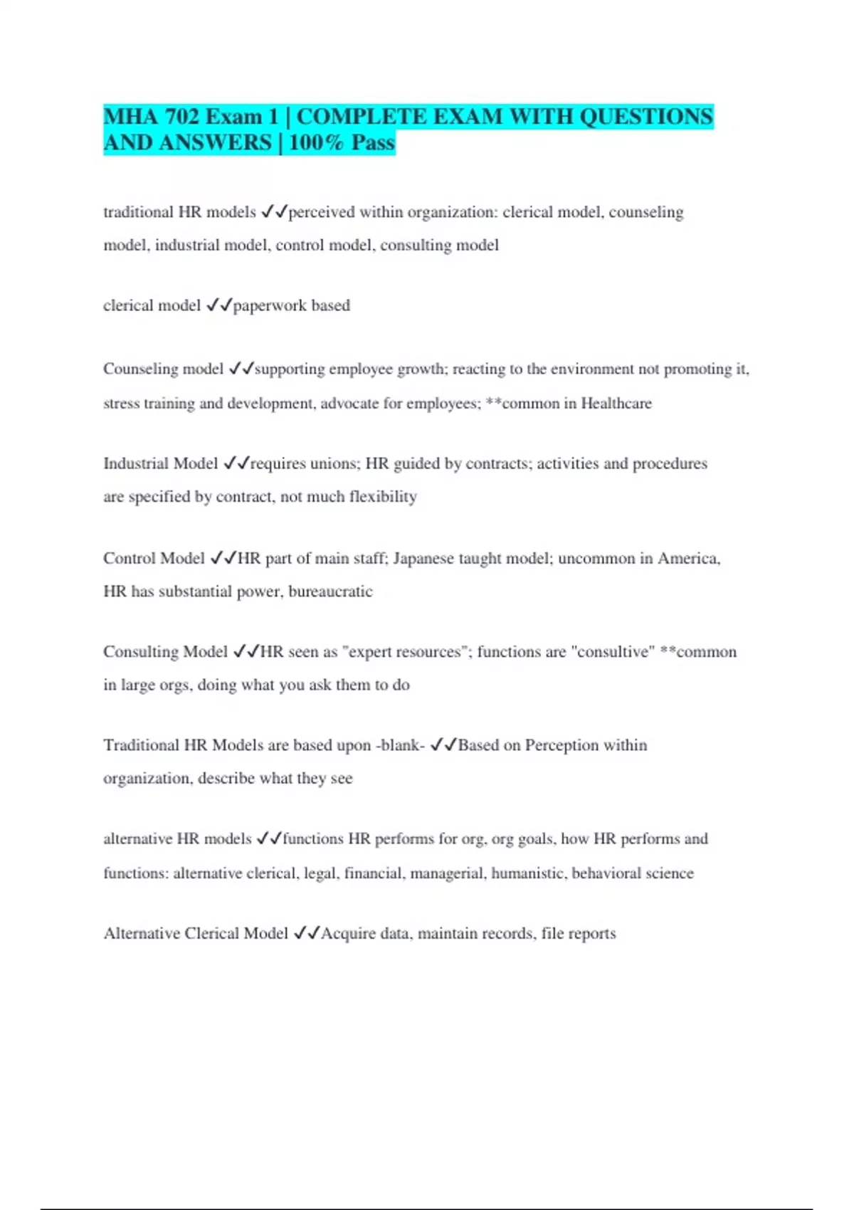 MHA 702 Exam 1 | COMPLETE EXAM WITH QUESTIONS AND ANSWERS | 100% Pass ...