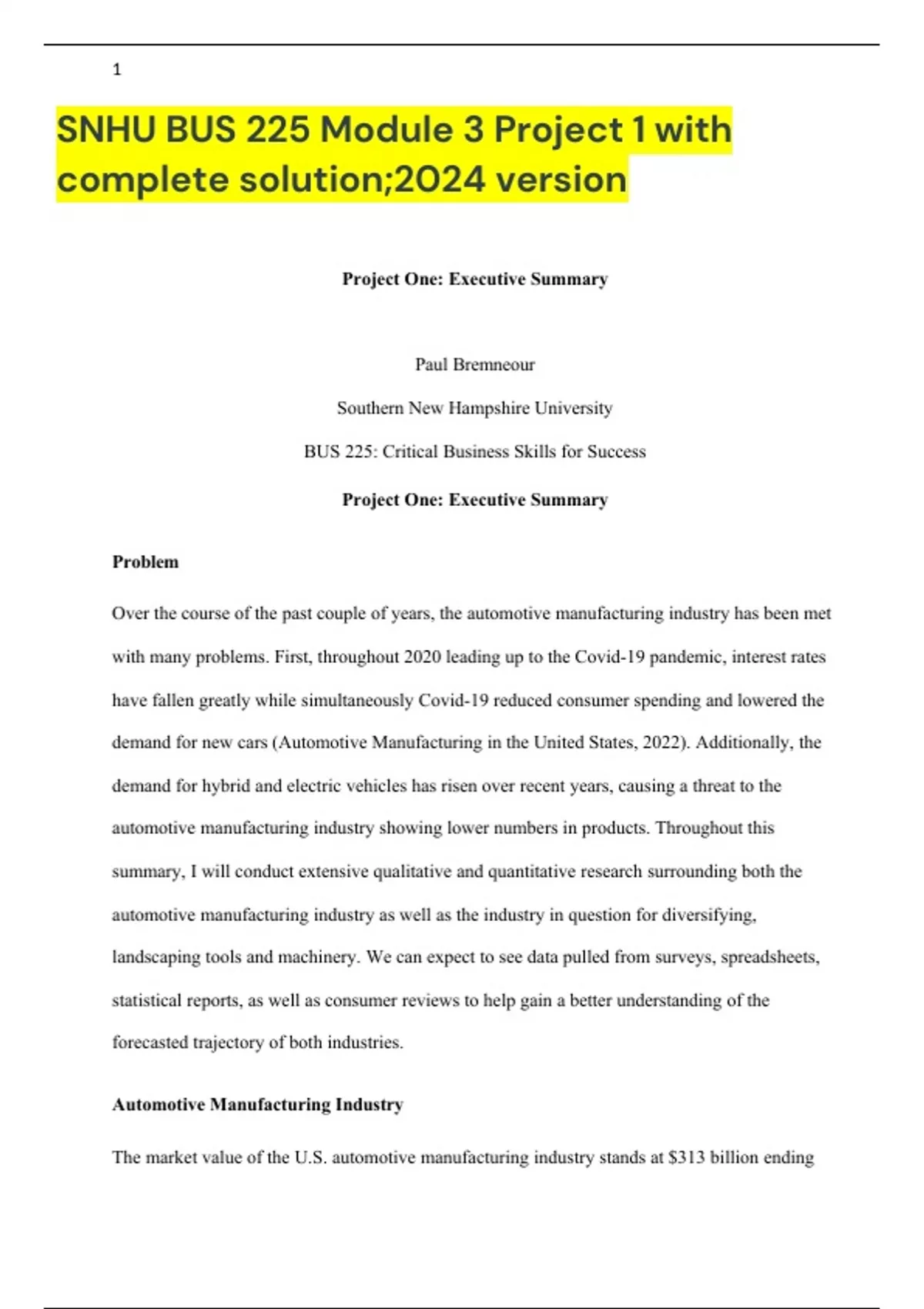SNHU BUS 225 Module 3 Project 1 with complete solution;2024 version ...