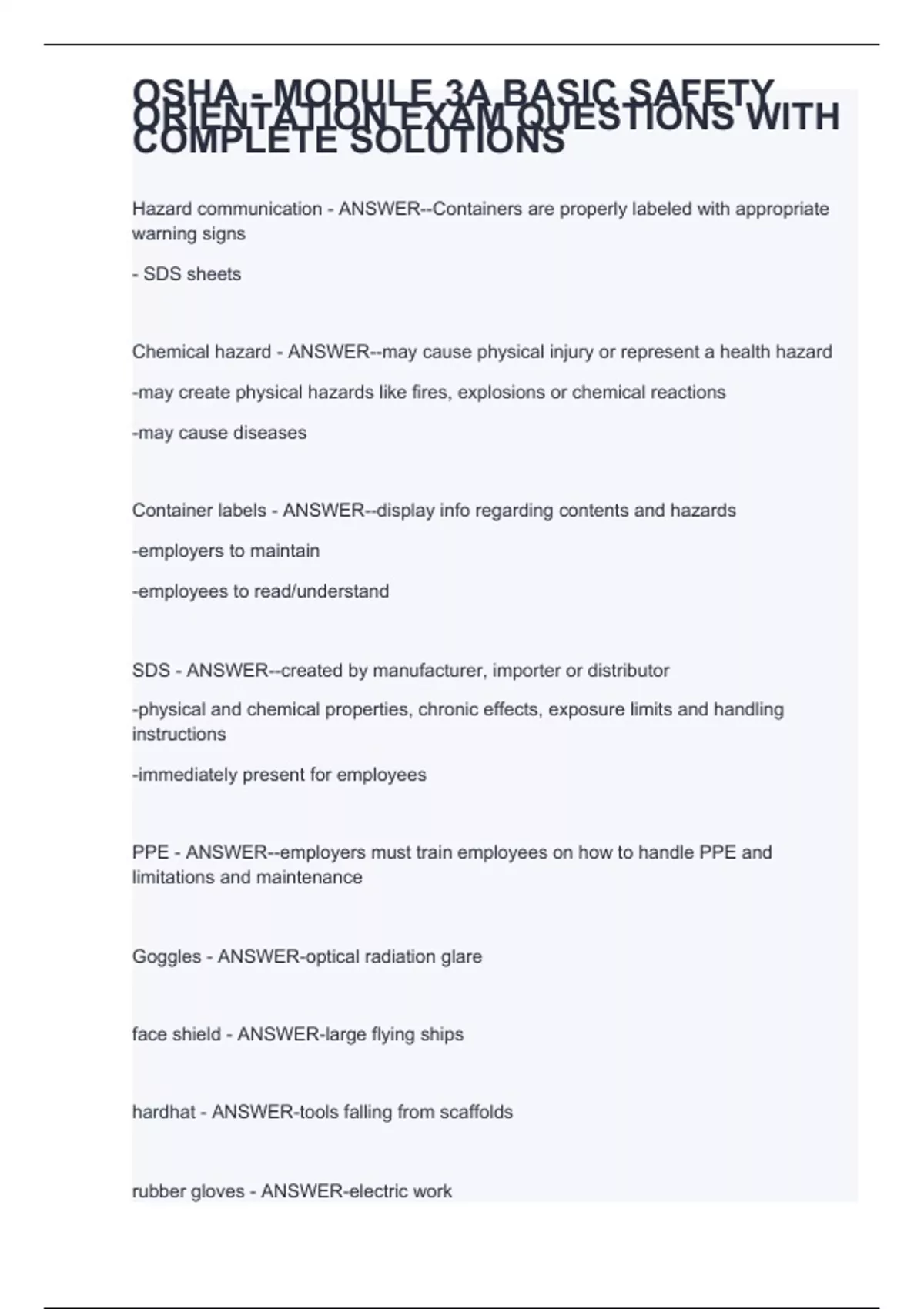 OSHA - MODULE 3A BASIC SAFETY ORIENTATION EXAM QUESTIONS WITH COMPLETE ...