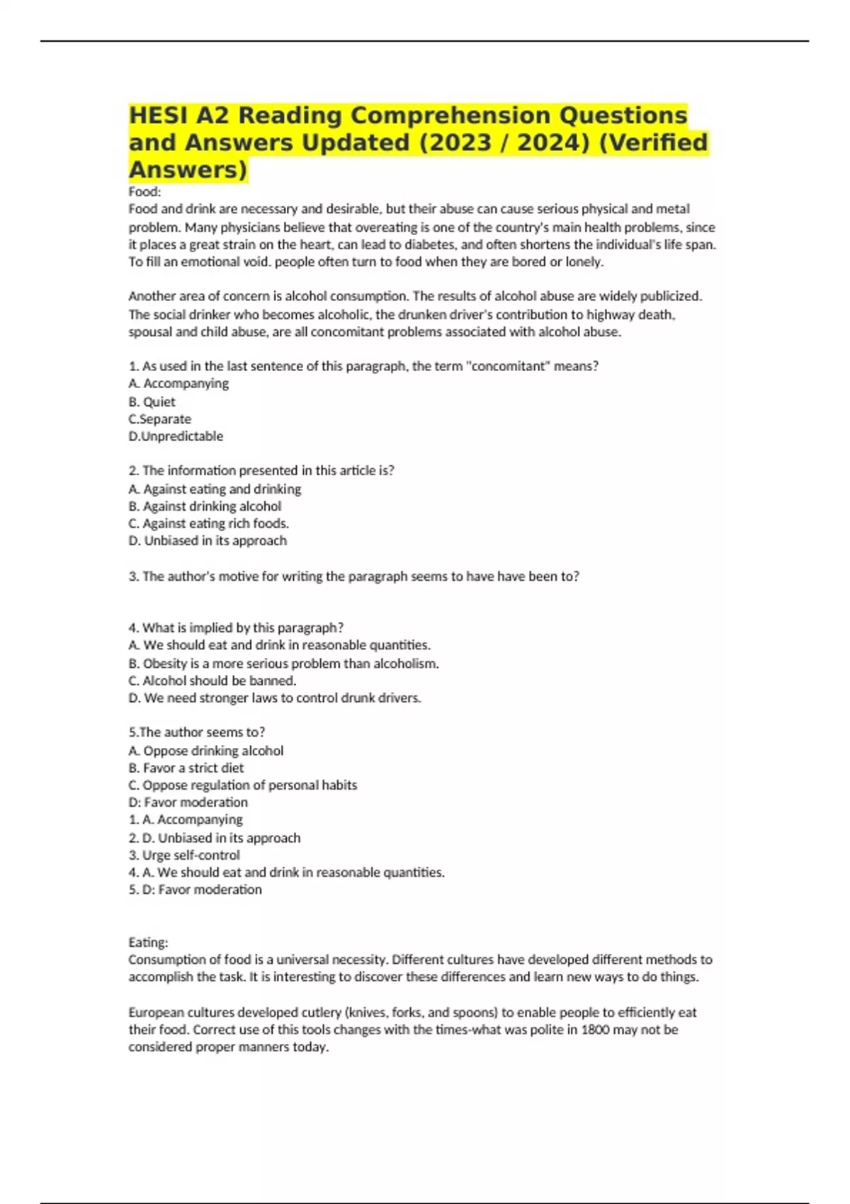 HESI A2 Reading Comprehension Questions and Answers Updated (2023 / ...