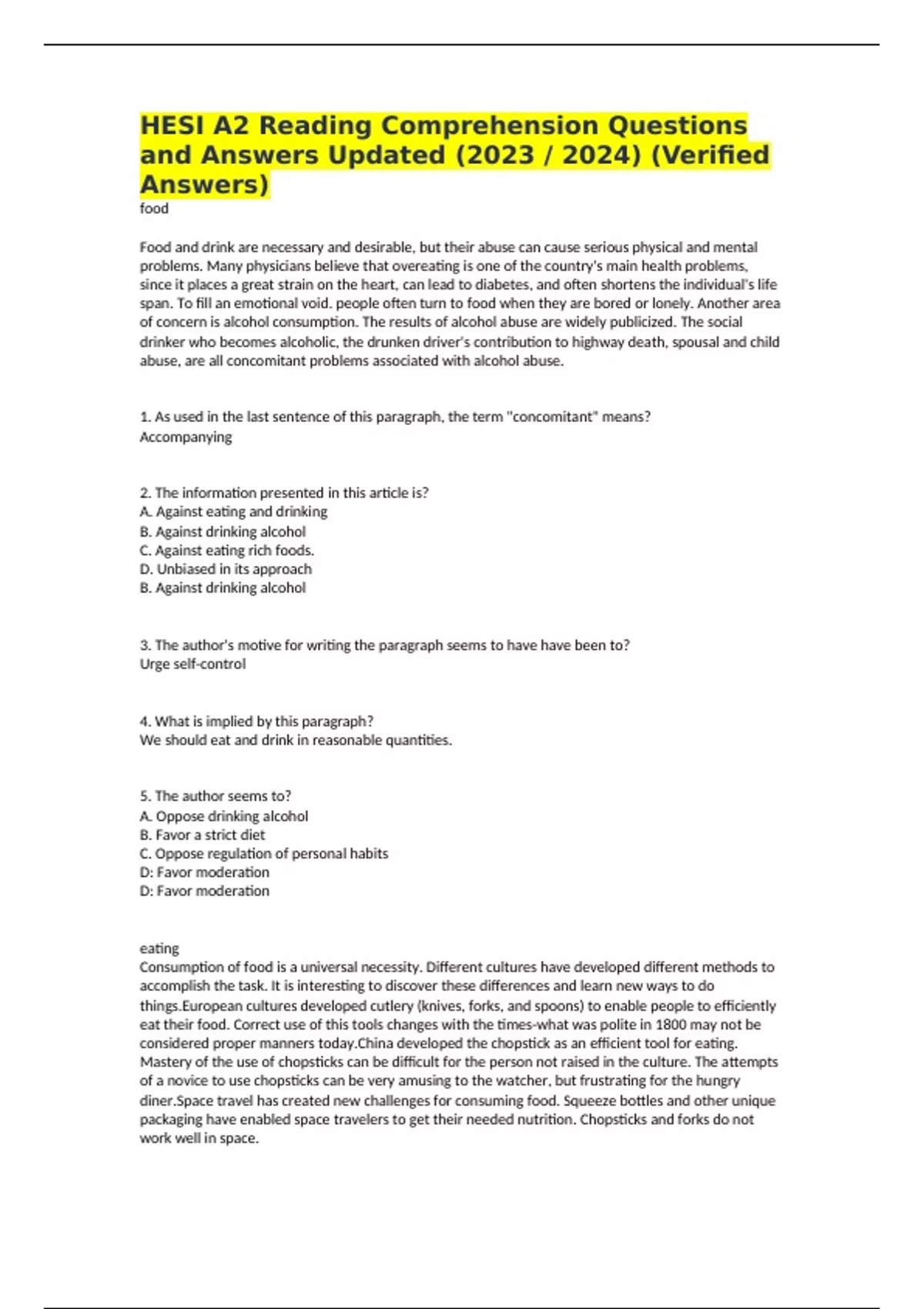 HESI A2 Reading Comprehension Questions and Answers Updated (2023 / ...